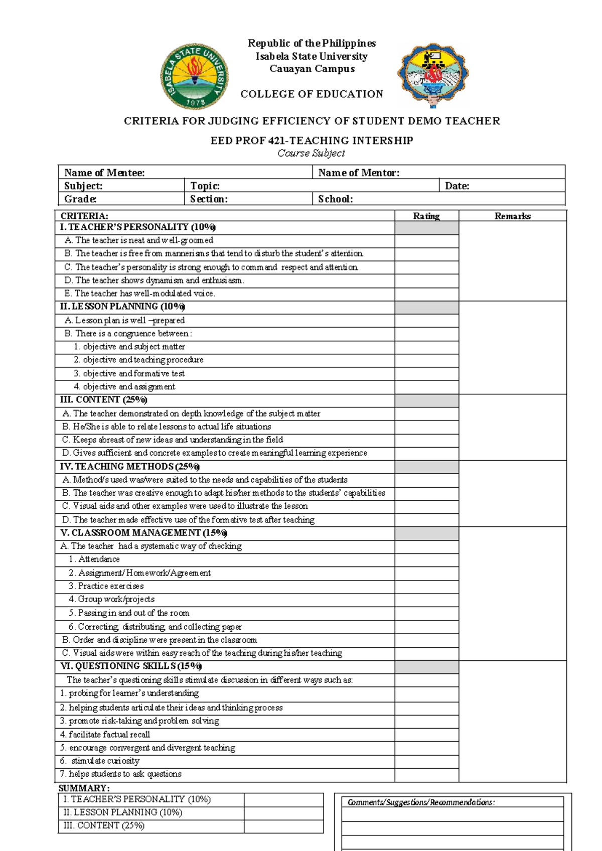EED PROF INTERNSHIP: Demo Teaching Observation Criteria - Studocu
