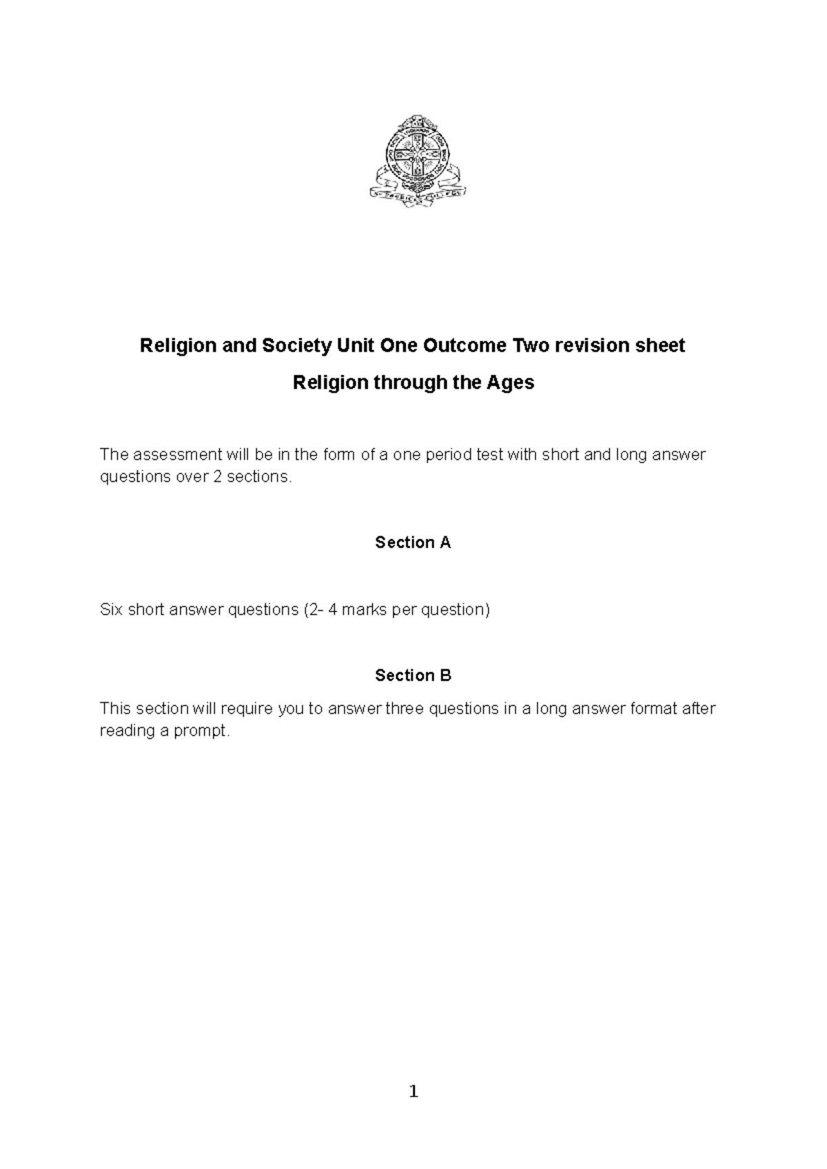 Religion and Society Unit 1 Outcome 2 Revision Sheet - Studocu