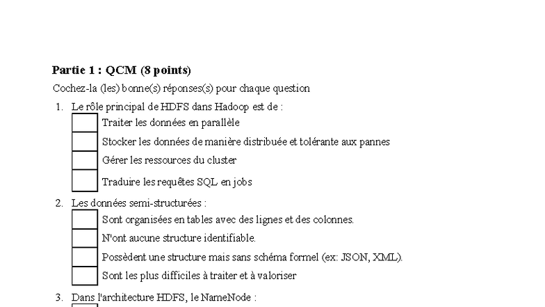 DS Big Data - Devoir Surveillé 2025-2026 : QCM et Questions de Cours ...