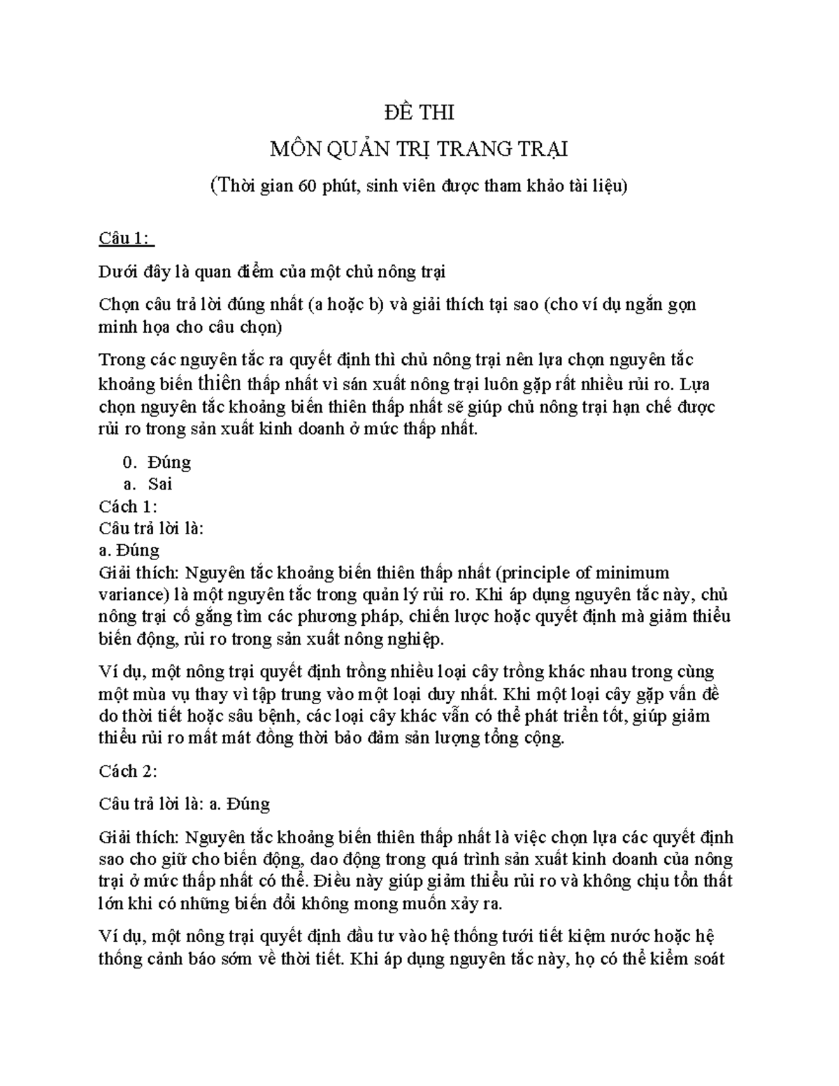 ĐỀ THI MÔN QUẢN TRỊ TRANG TRẠI - Phân Tích Quyết Định và Tối Ưu Hóa ...