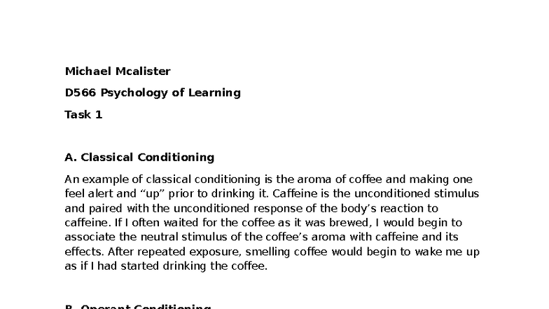 D566 Psychology of Learning: Task 1 - Classical & Operant Conditioning ...