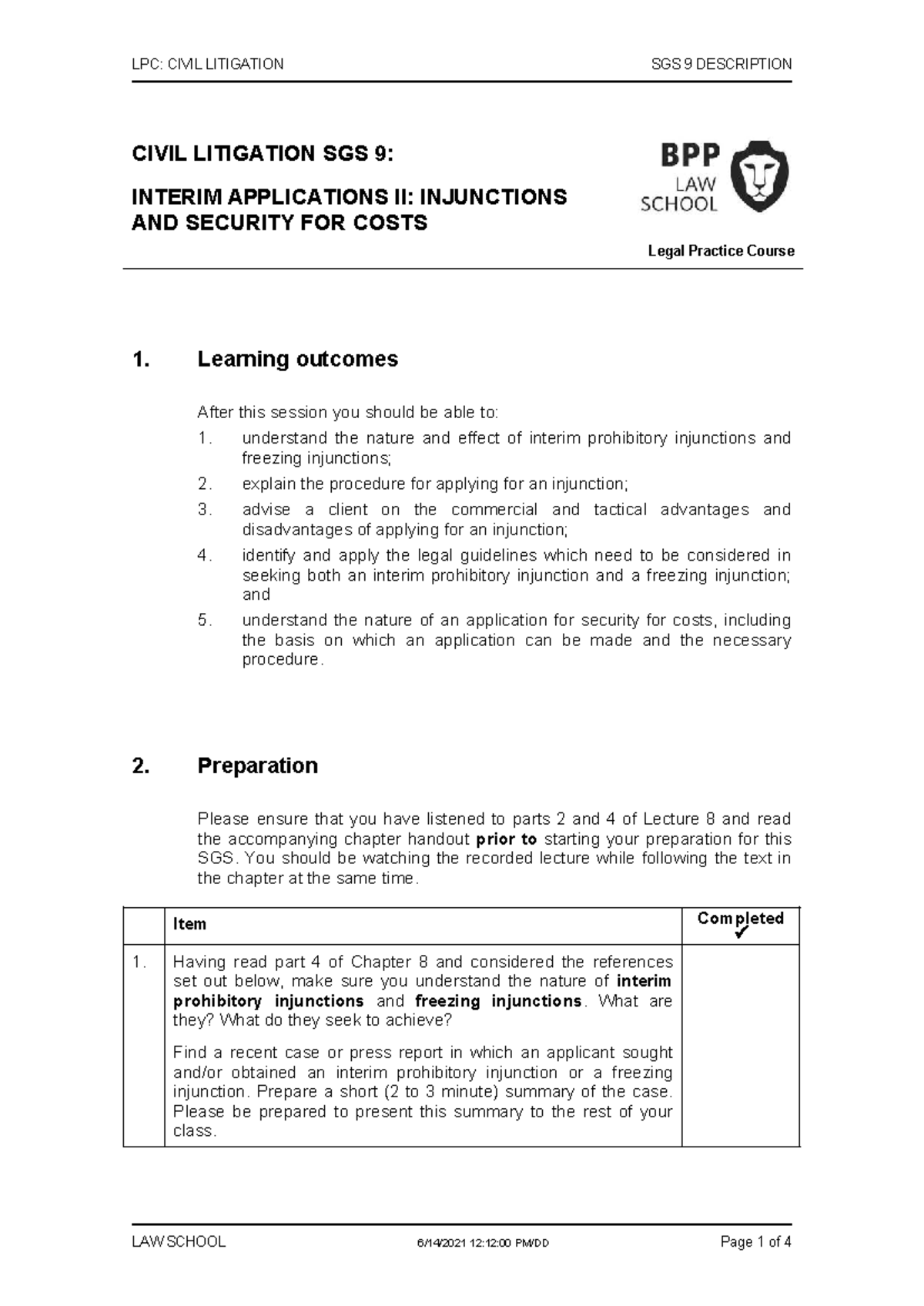 LPC: Civil Litigation SGS 9 - Interim Applications & Injunctions Guide ...