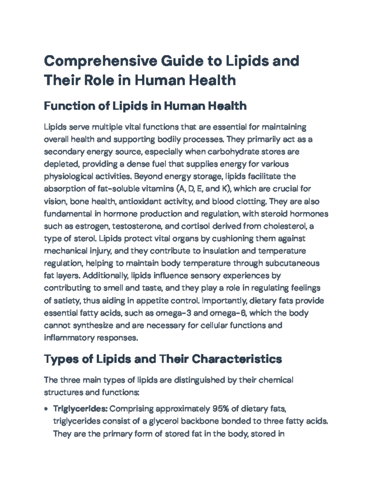 Comprehensive Overview of Lipid Functions in Human Health (BIO 101 ...