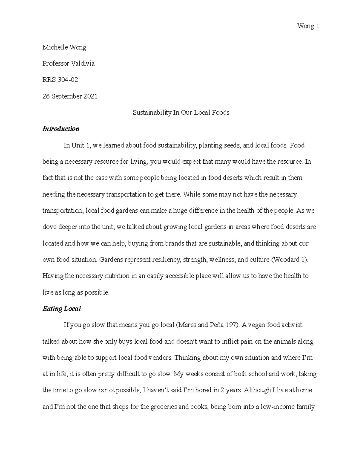 RRS 304 – Essay #1: Sustainability in Our Local Foods - Studocu