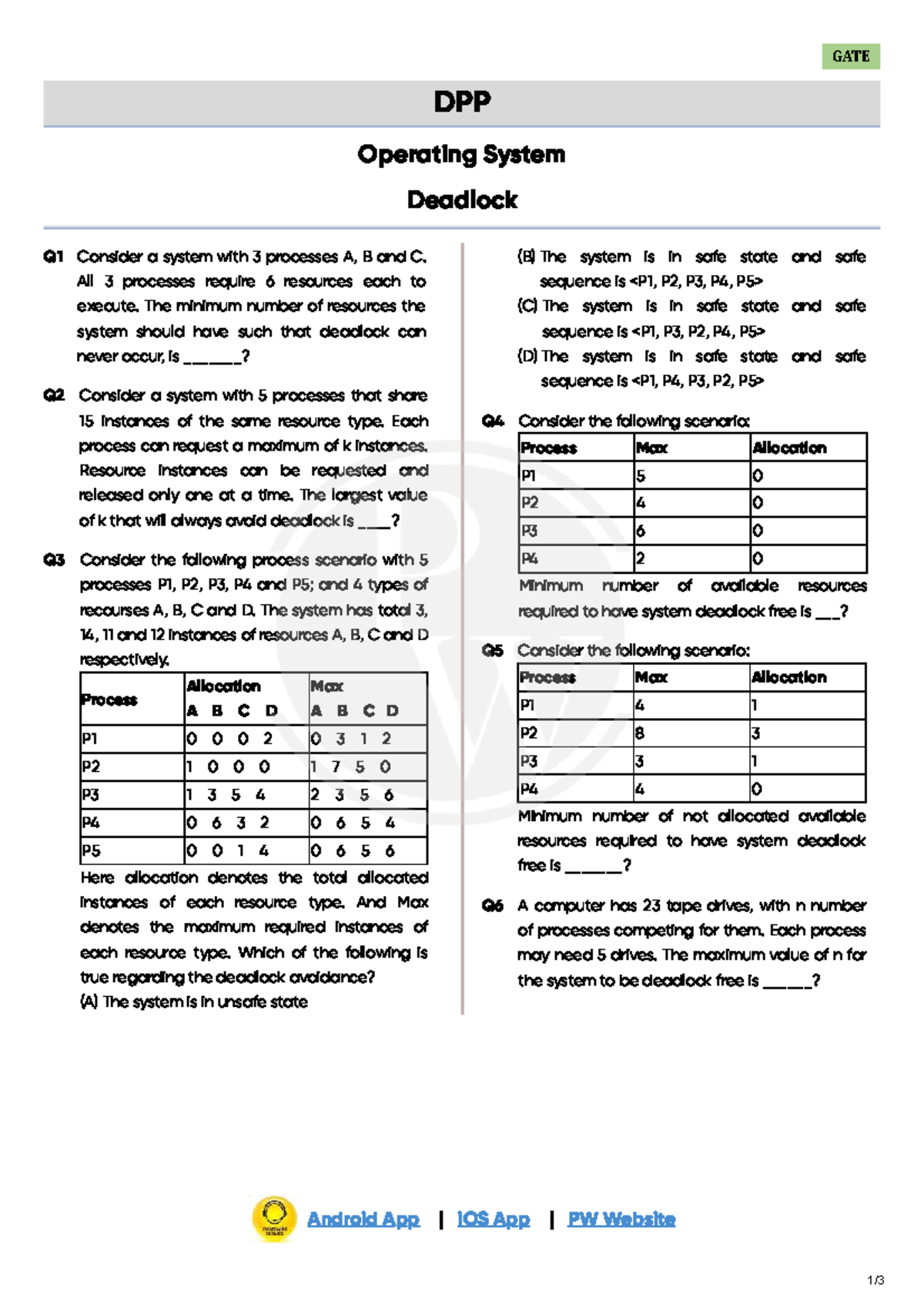 Deadlock DPP - GATE Operating System Q&A Analysis - Studocu