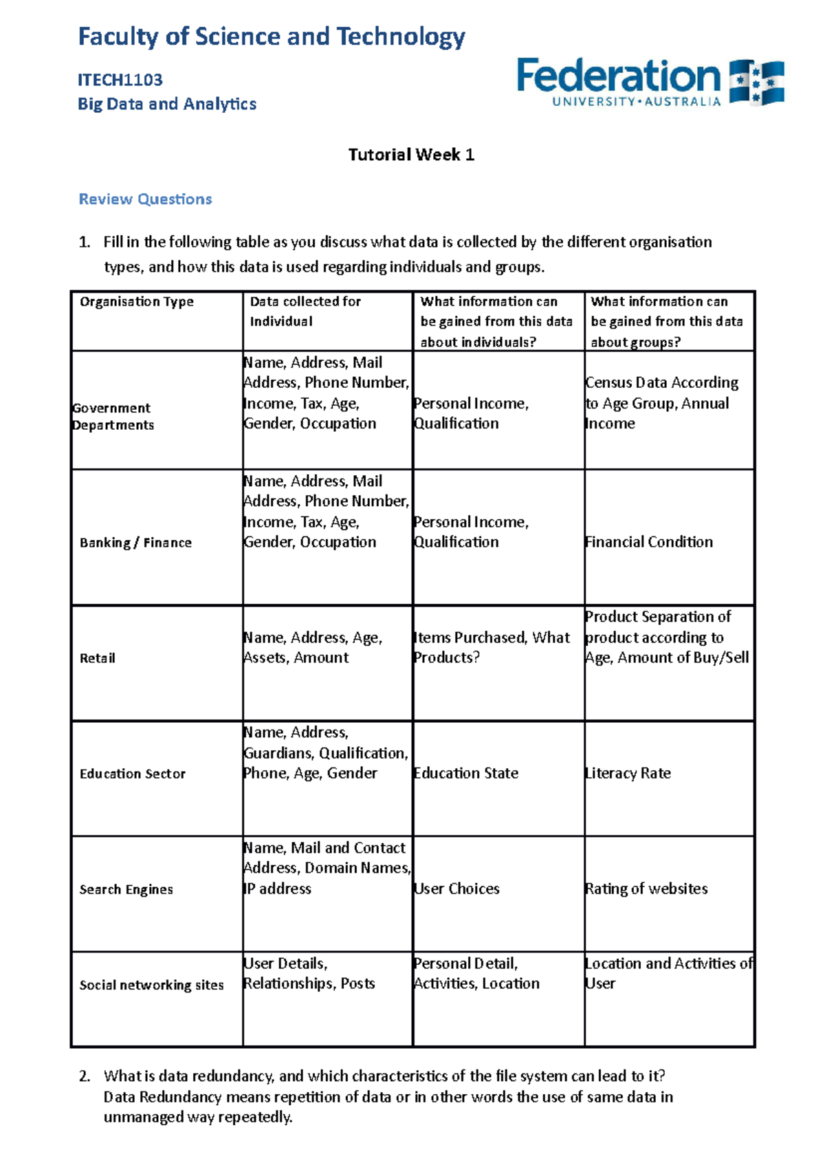 ITECH1103 Tutorial 01 - Faculty of Science and Technology ITECH Big Data and Analytics Tutorial ...