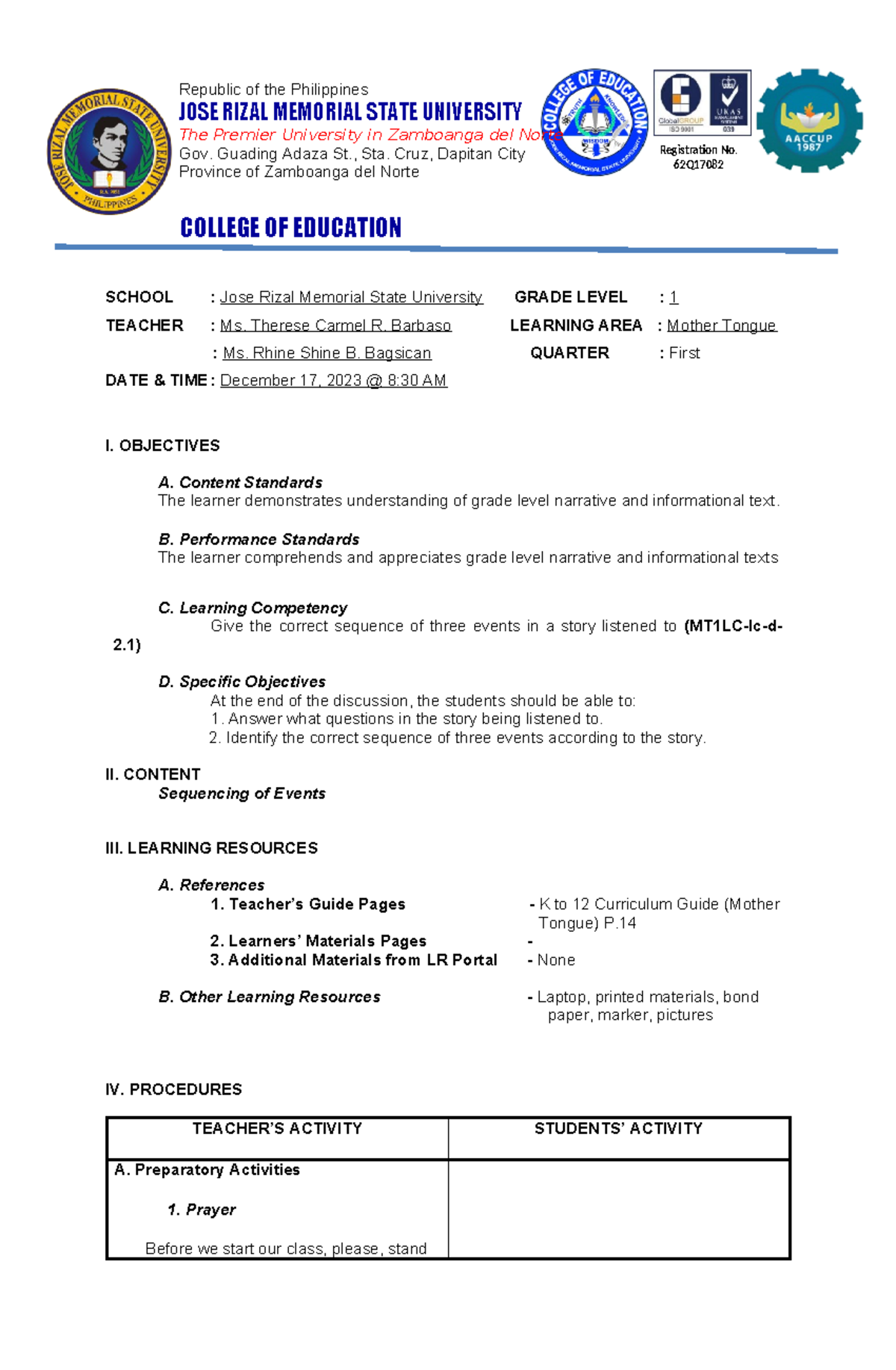 MTB MLE Lesson Plan for Grade 1: Sequencing of Events - Studocu