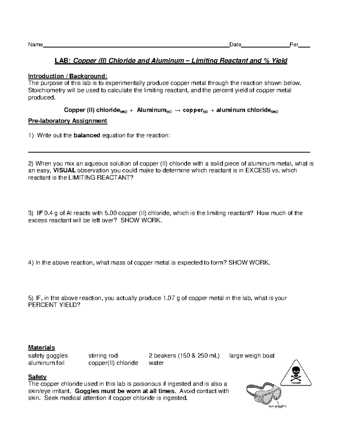 Copper Aluminum Stoichiometry Lab: Limiting Reactant & Yield Analysis ...