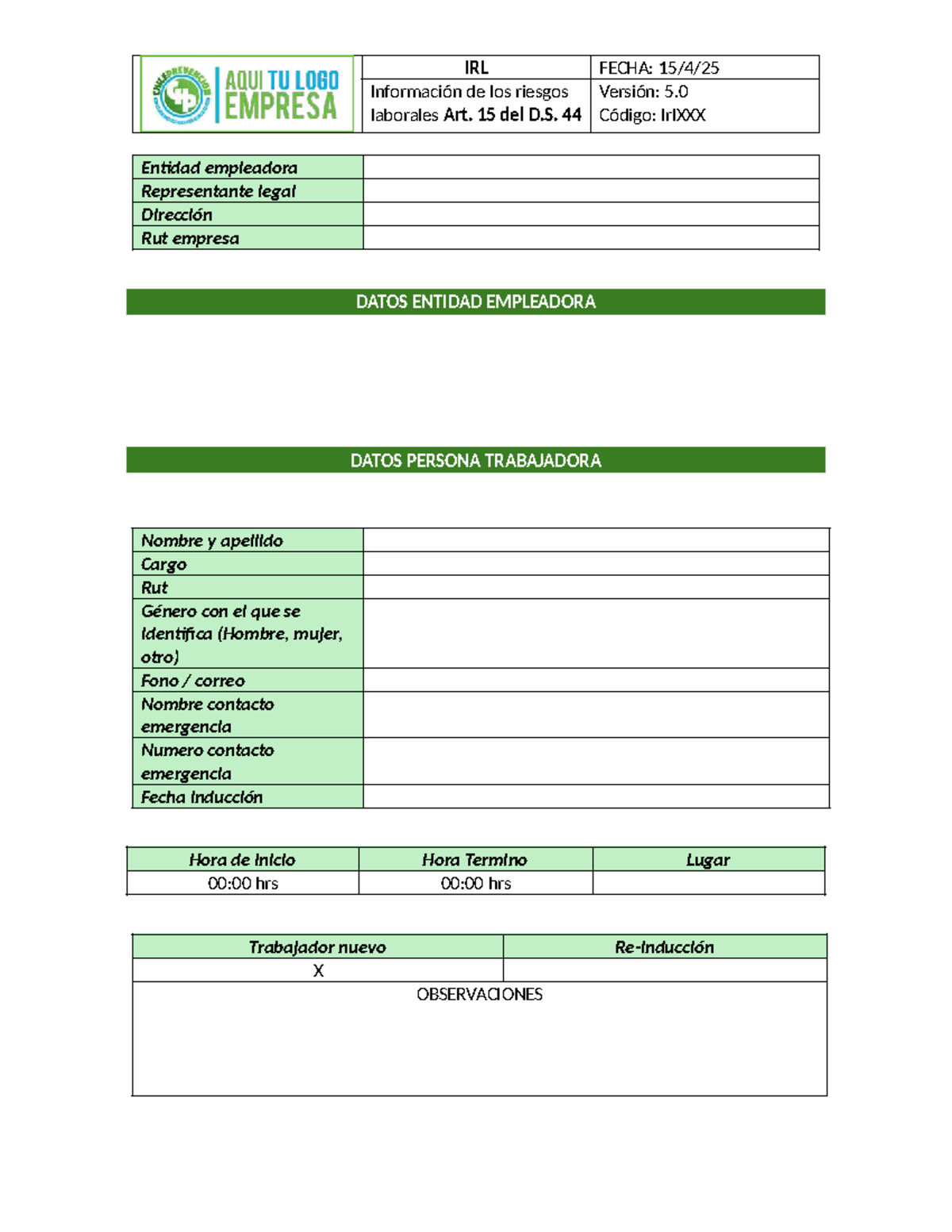 Formato Nuevo IRL DS 44 (EX ODI) Informacion DE LOS Riesgos Laborales ...