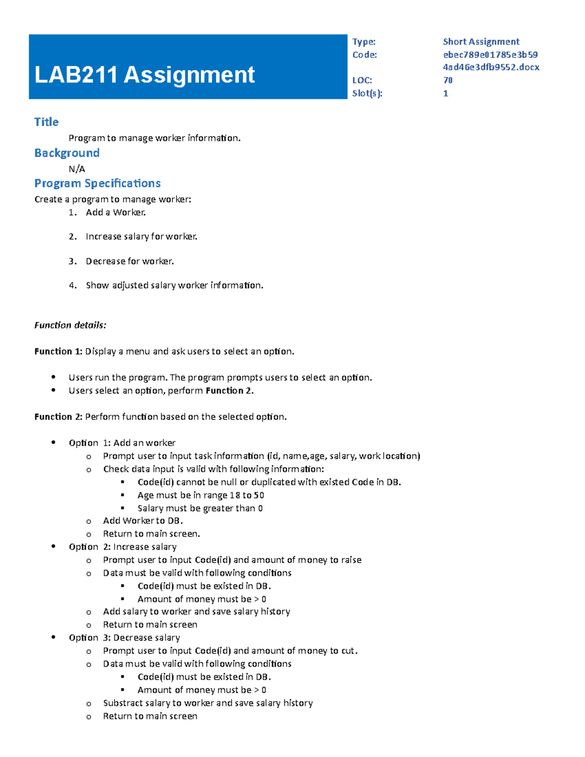J1 - ádasd - LAB211 Assignment Type: Short Assignment Code ...