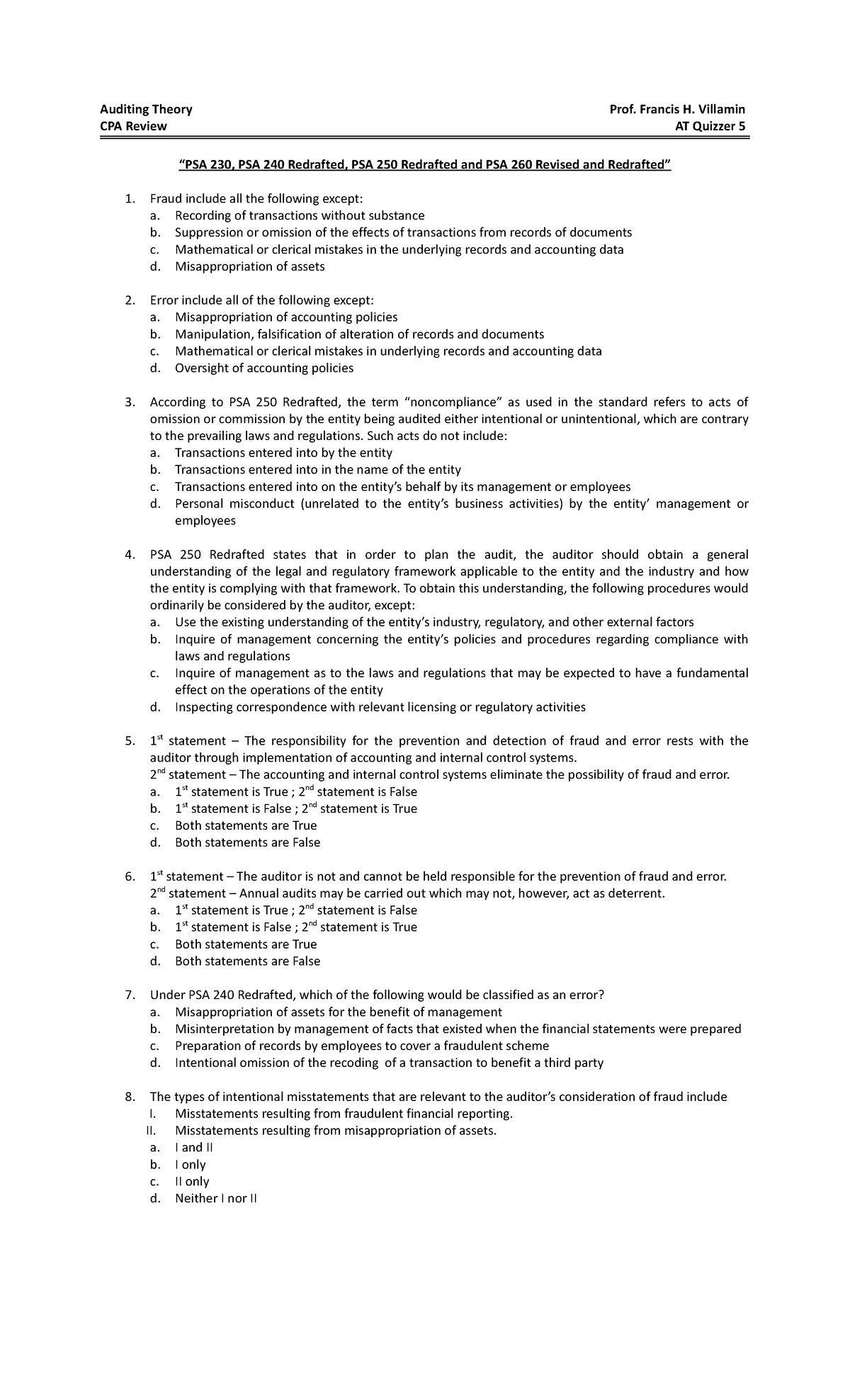 322049565-Quizzer-5 - CPA Auditing Theory Review Questions - Studocu