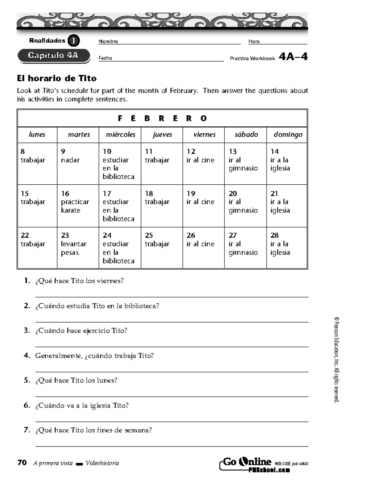 Realidades 4A Practice Workbook: Tito's Schedule & Activities - Studocu