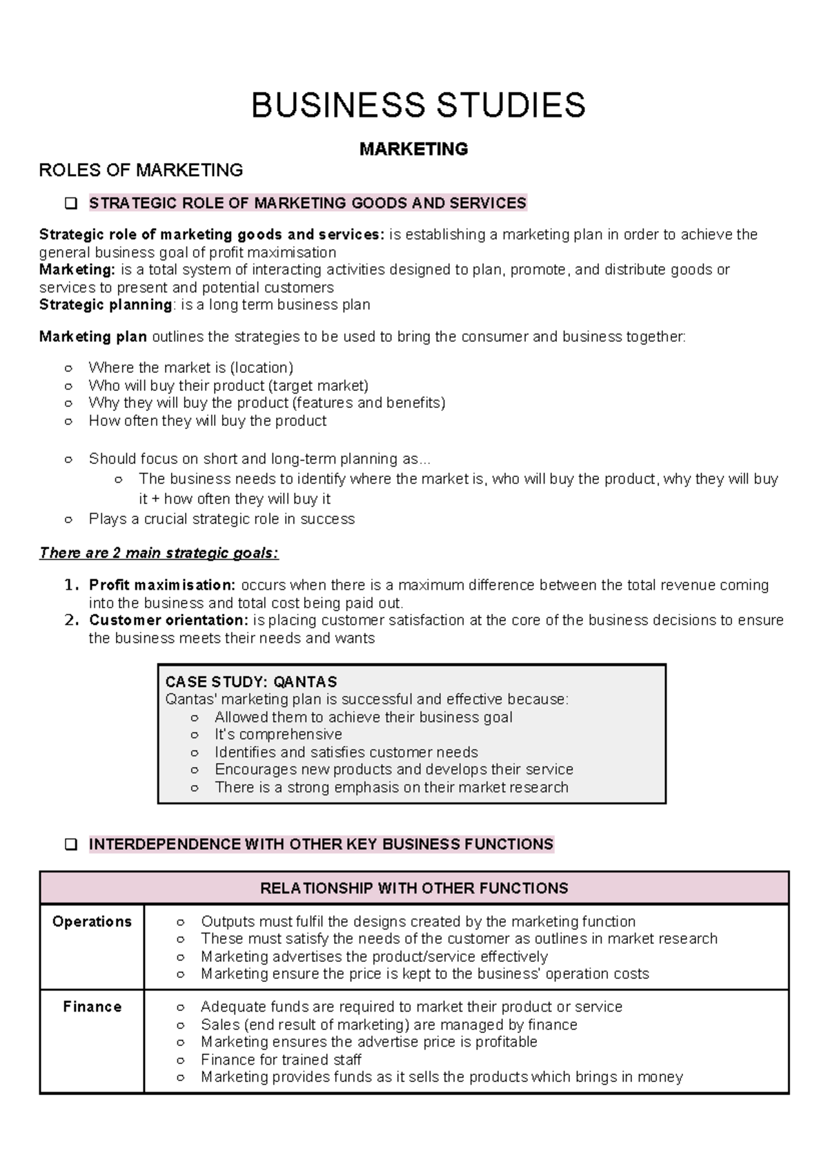 HSC BUSINESS STUDIES MARKETING BAND 6 CASE STUDY NOTES - Studocu
