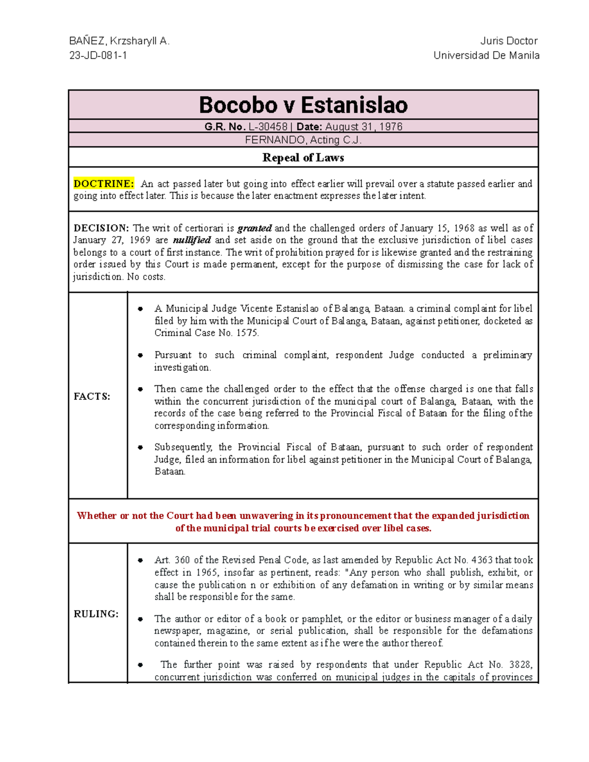 Bocobo v Estanislao, G.R. No. L-30458 Case Summary - 23-JD-081-1 - Studocu