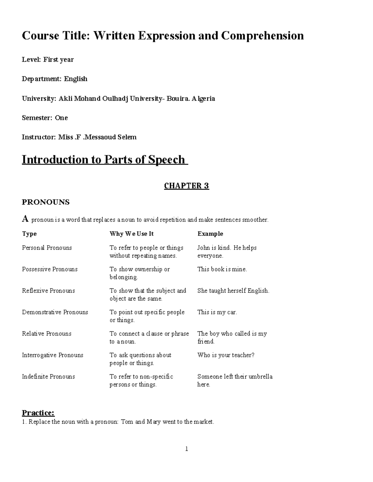 Parts of Speech: Chapter 3 - Pronouns, Adjectives, Prepositions, and ...