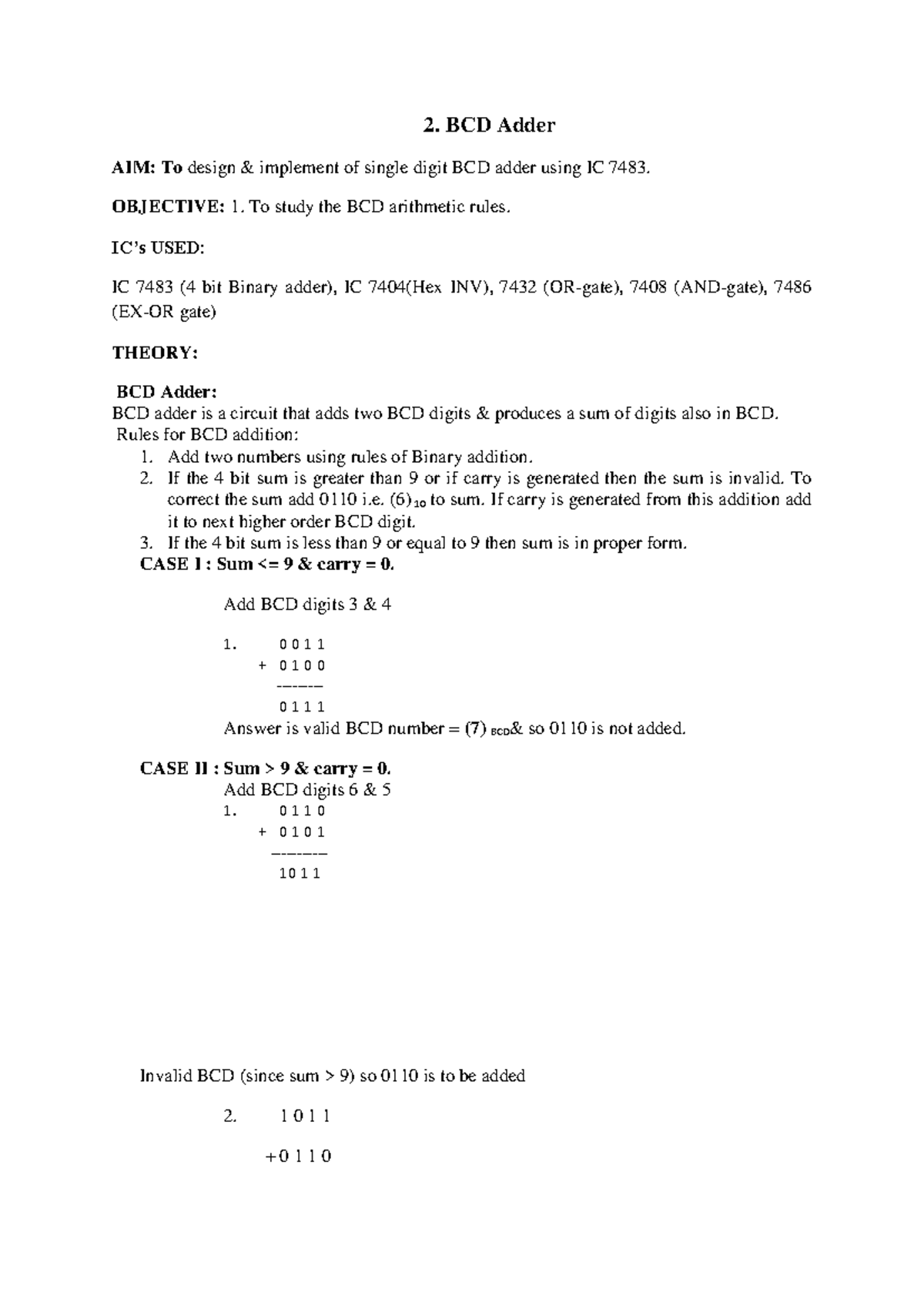 Exp 2 - Single Digit BCD Adder Design - LDCO Exp 2 - Studocu
