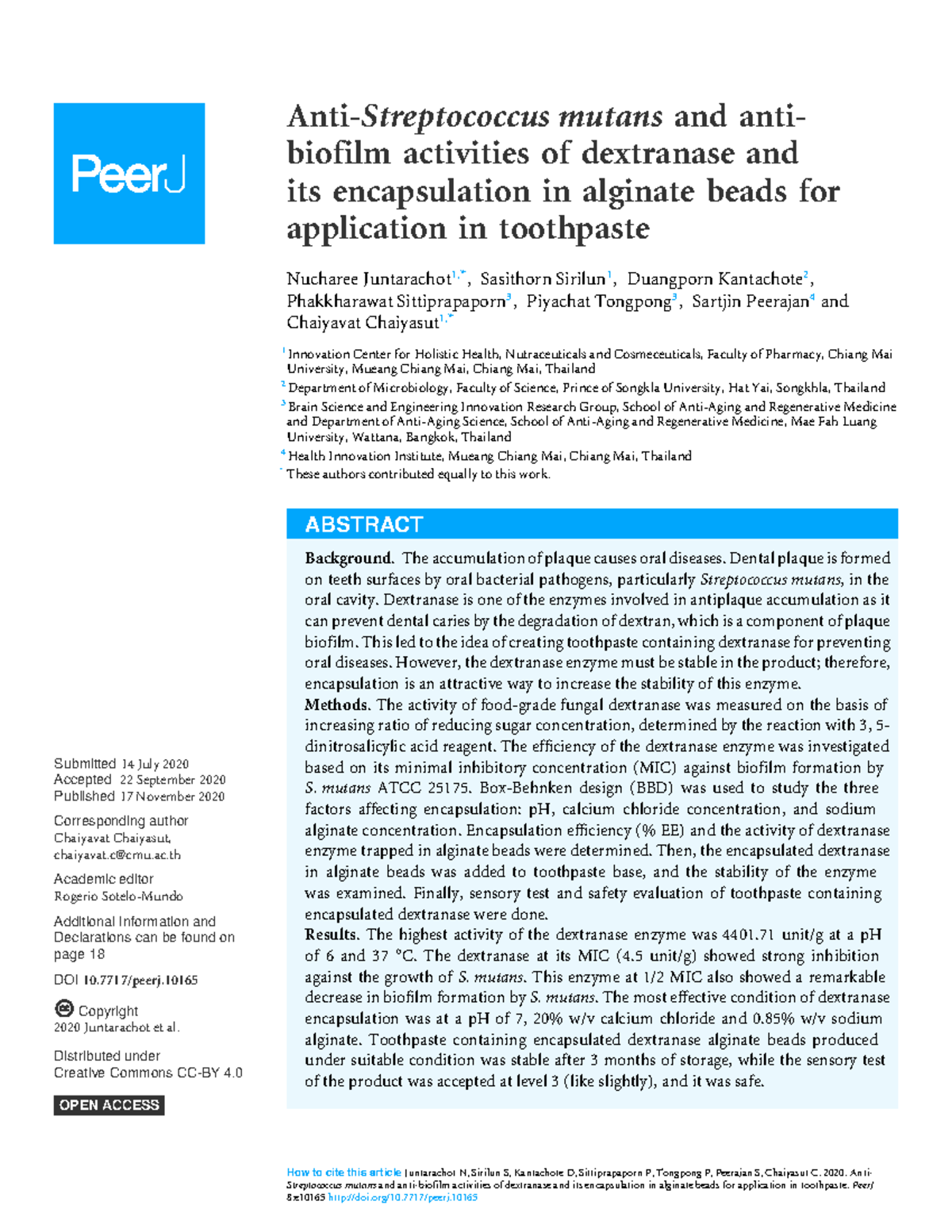 Anti-Streptococcus mutans Activities of Encapsulated Dextranase in ...