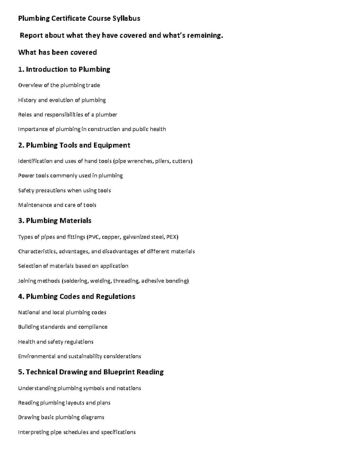 Plumbing Certificate Course Syllabus Coverage Report - Studocu