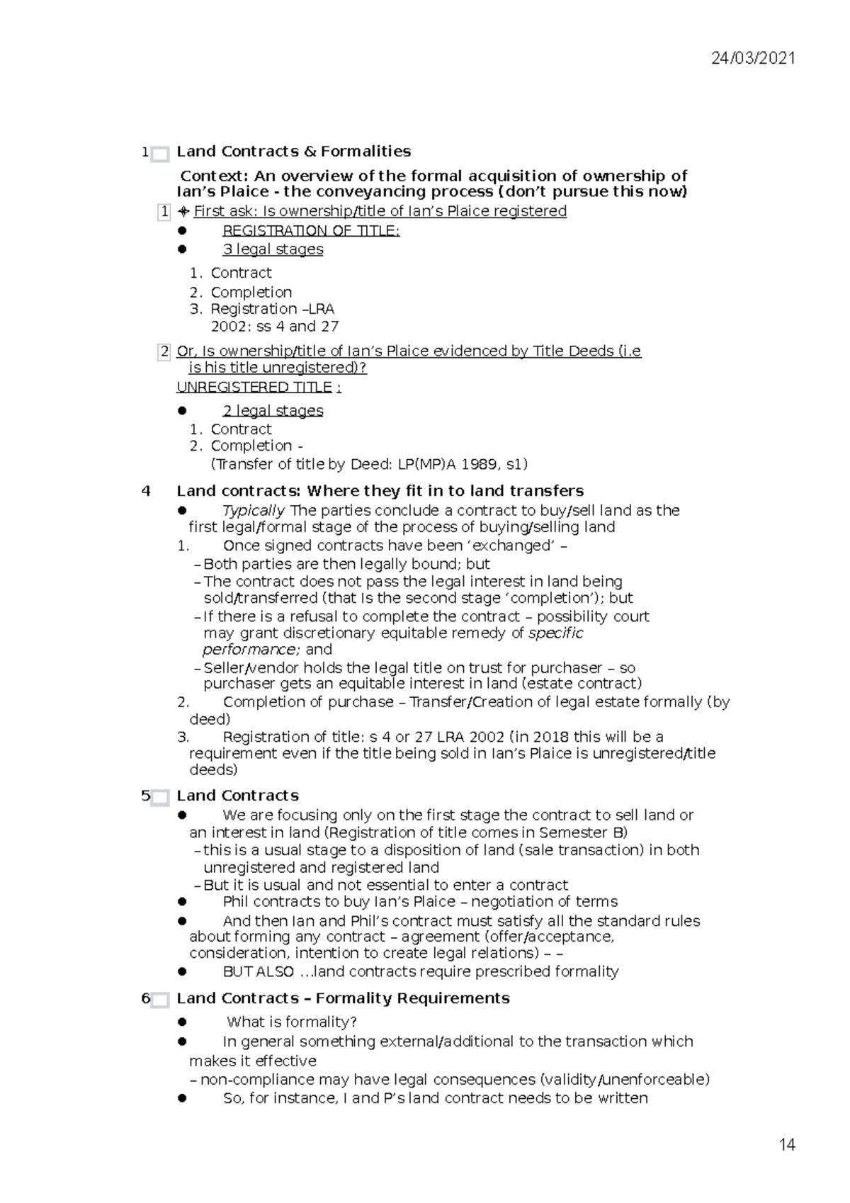 Land2 - Detailed Notes on Land Law Contracts and Formalities - Studocu