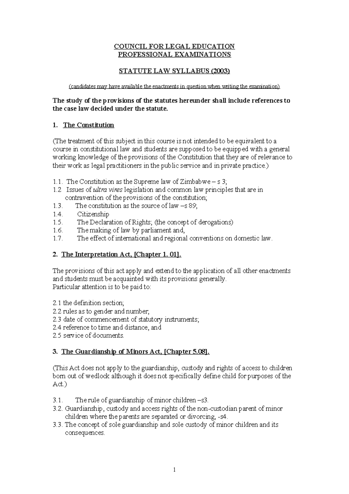 CLE Statute Law Syllabus Overview and Key Provisions (2003) - Studocu