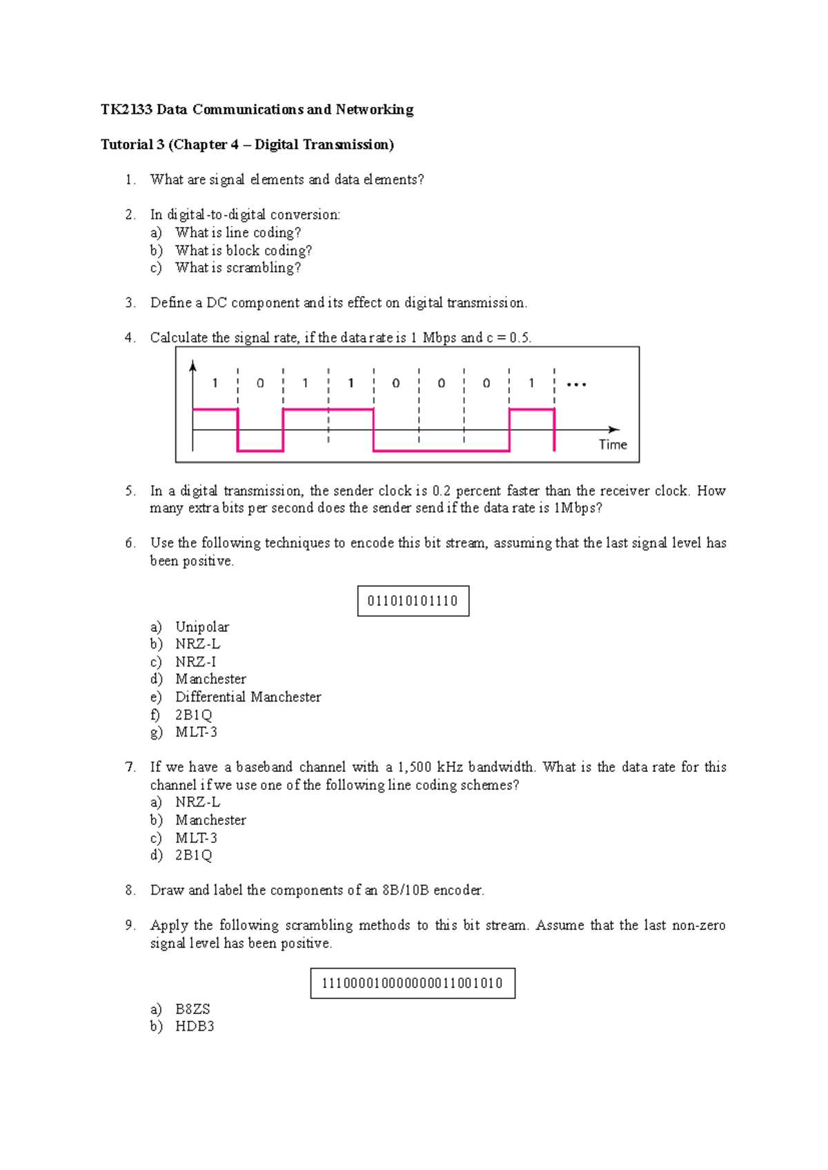 TK2133 Data Communications Tutorial 3: Digital Transmission Concepts ...