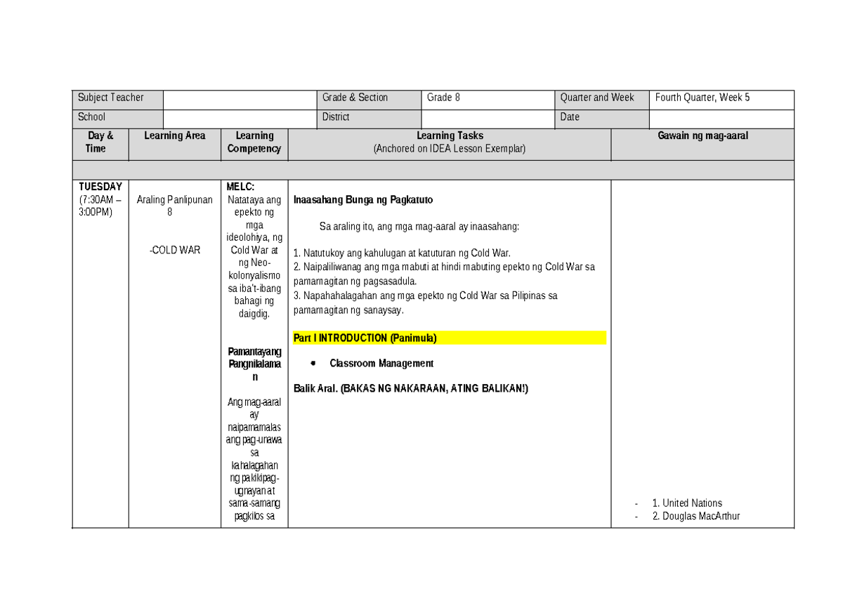 Lesson Plan for Grade 8: Exploring the Cold War Effects - Studocu