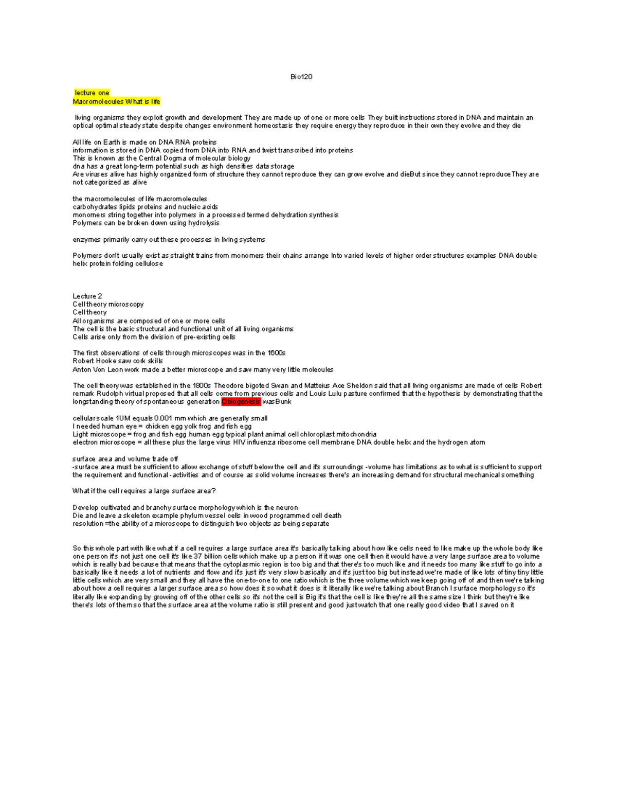 Bio 120 - Comprehensive Lecture Notes on Macromolecules and Cell Theory ...