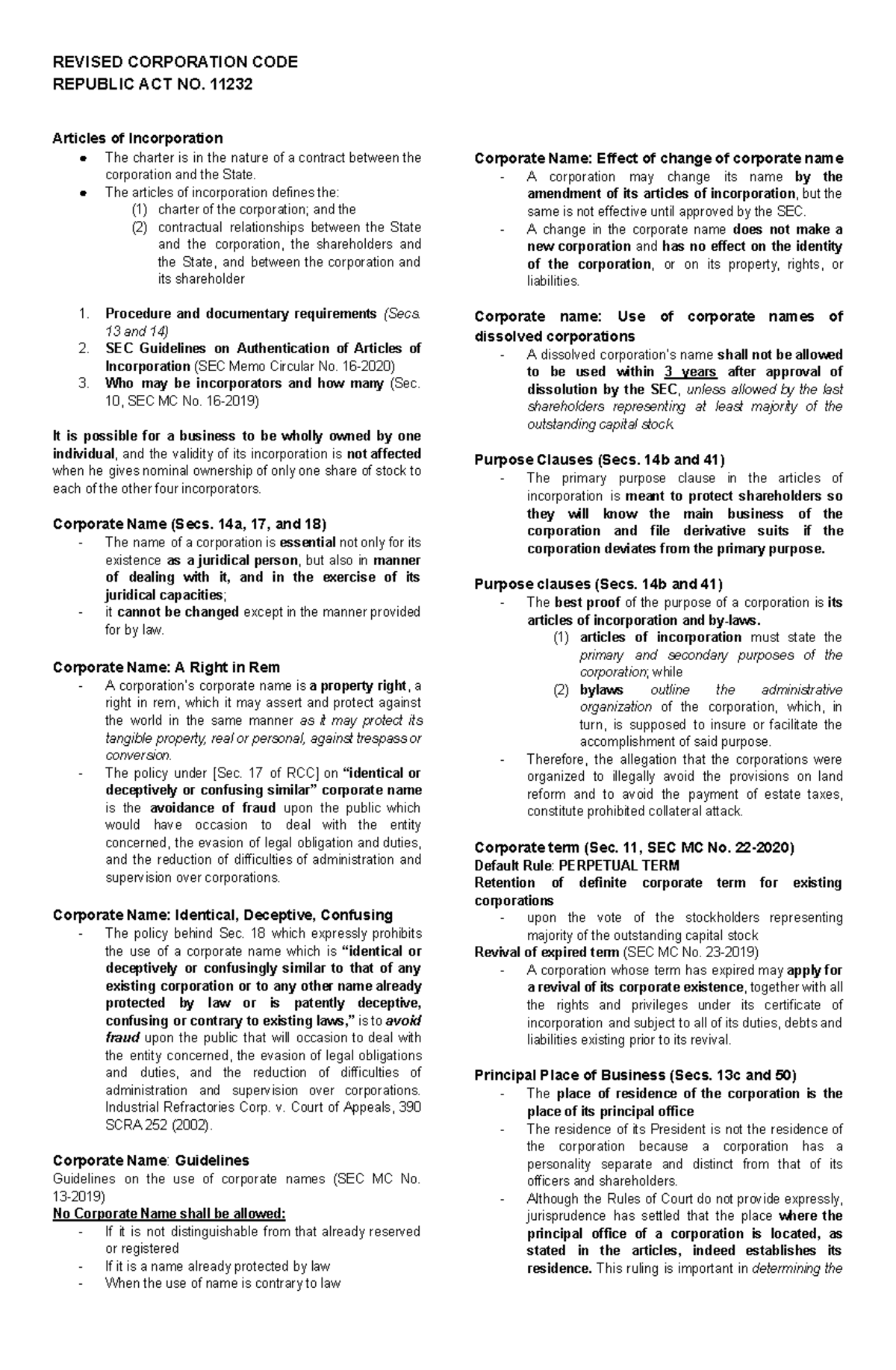 Revised Corporations Code Notes for Corp 2&3 Final Exam - Studocu