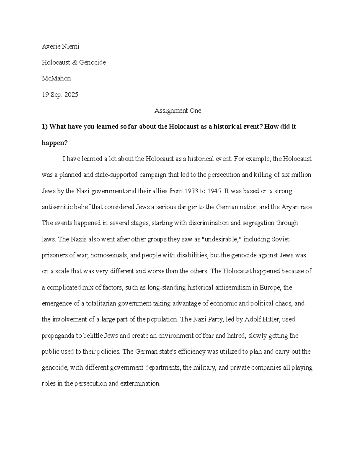 History Assignment #1: Understanding the Holocaust Genocide - Studocu