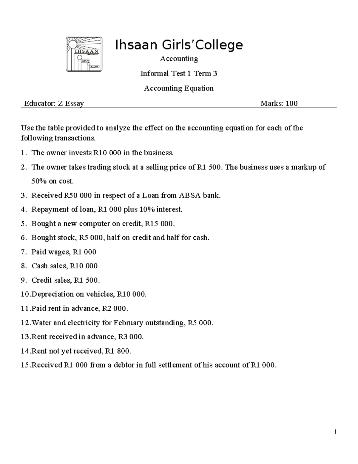 Accounting Informal Test 1 (Gr 10) - Transaction Analysis Overview ...