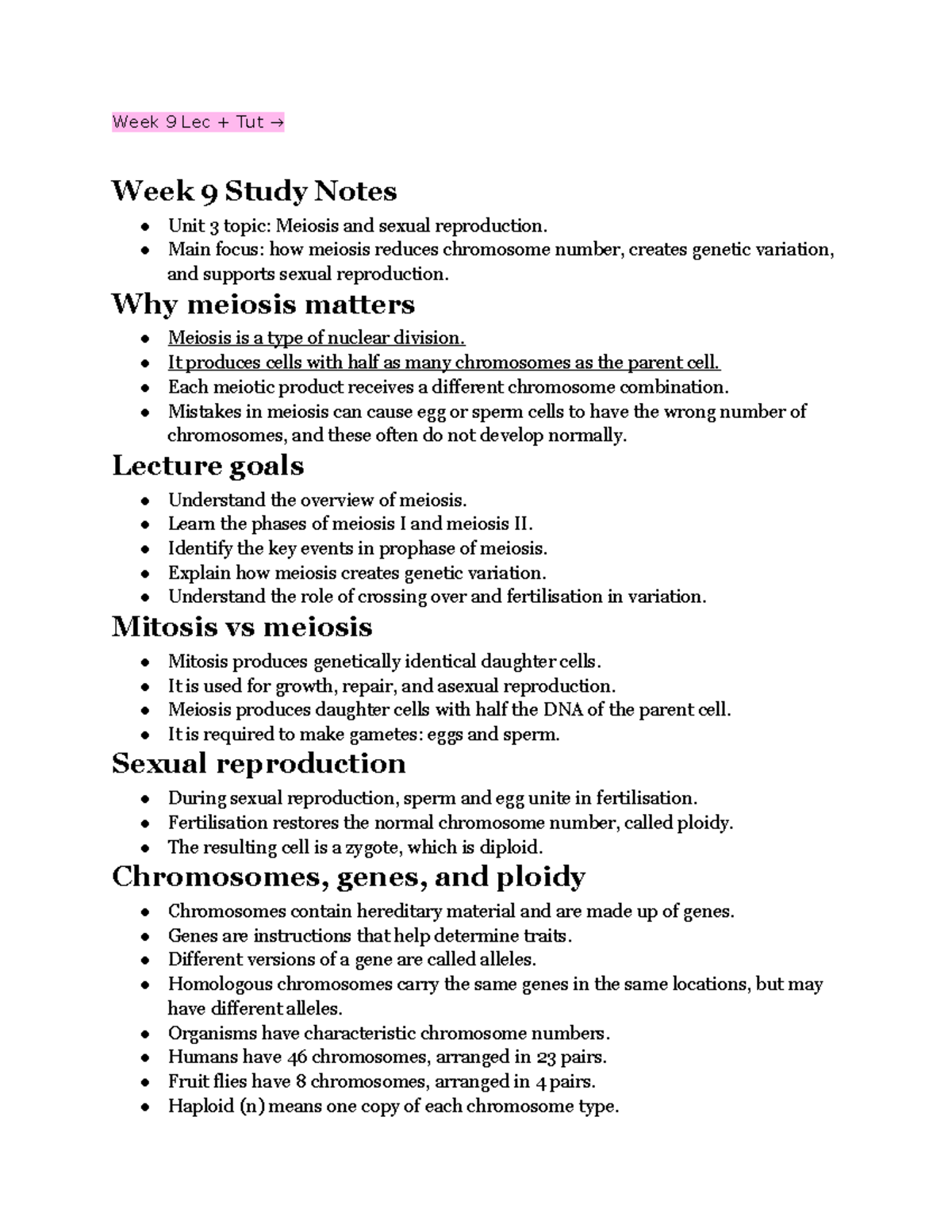Week 9 Lec & Tut Notes: Meiosis, Genetic Variation & Reproduction - Studocu