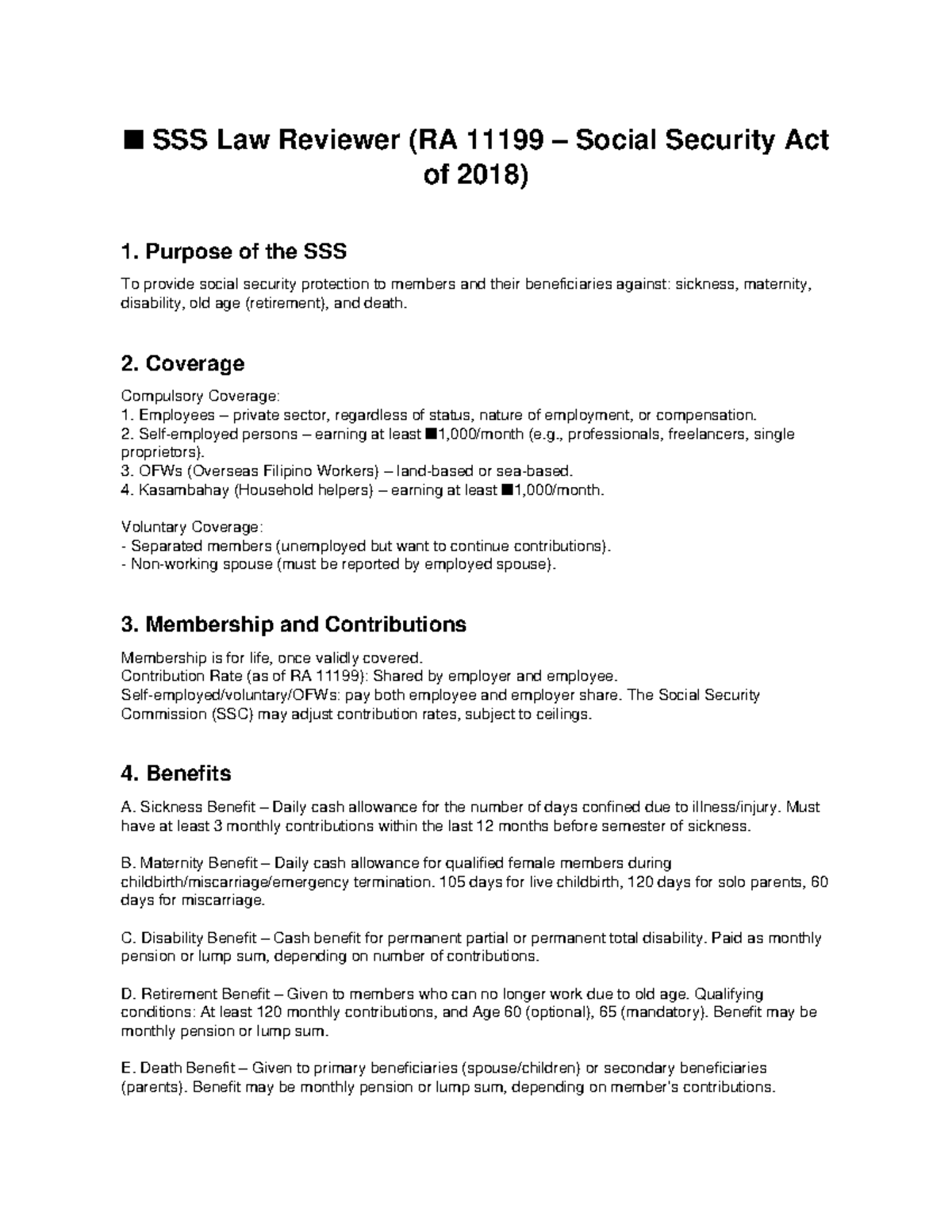 Law Reviewer (RA Social Security Act of 2018) - Key Benefits & Coverage ...