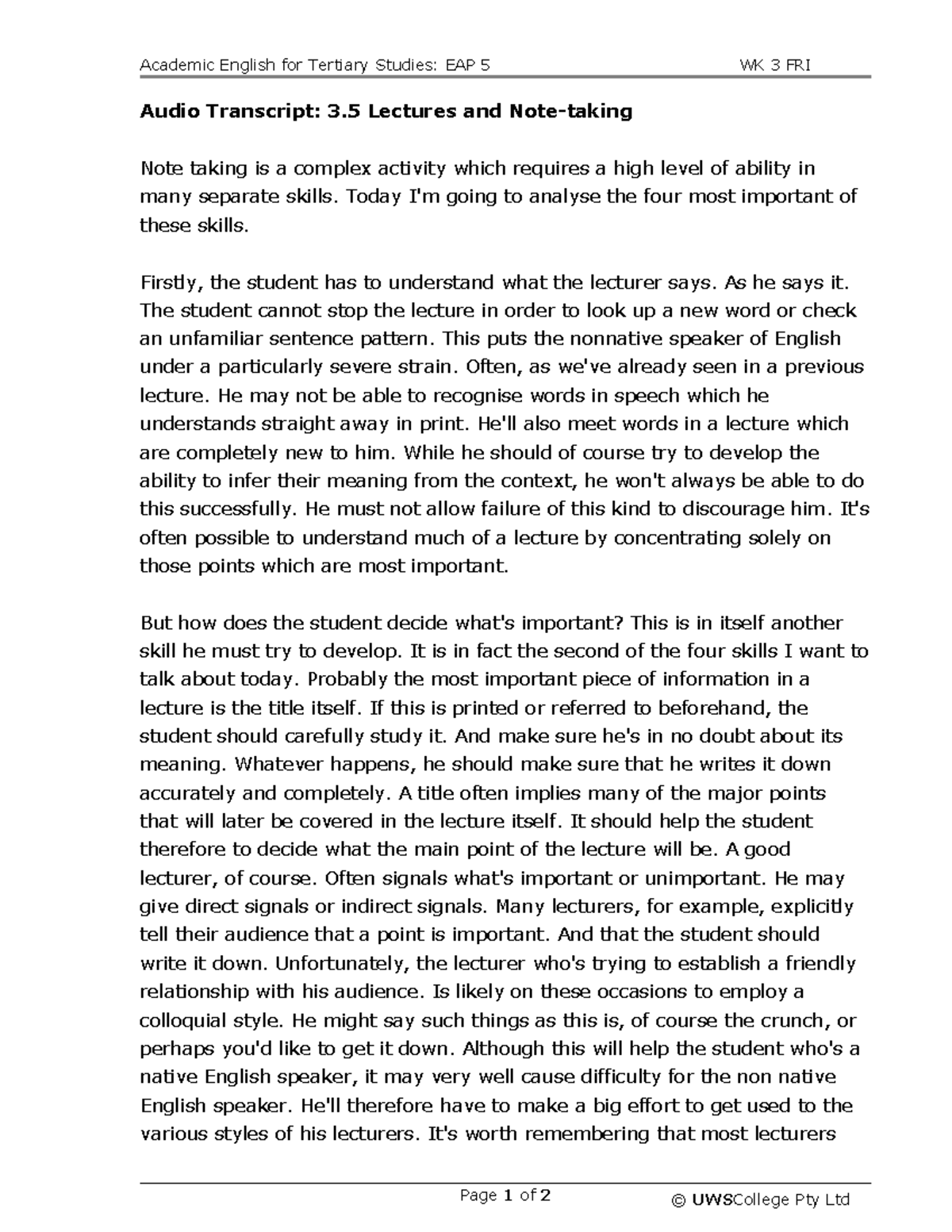 EAP 5 WK 3 FRI: 3.5 Lectures & Note-Taking Audio Transcript - Studocu