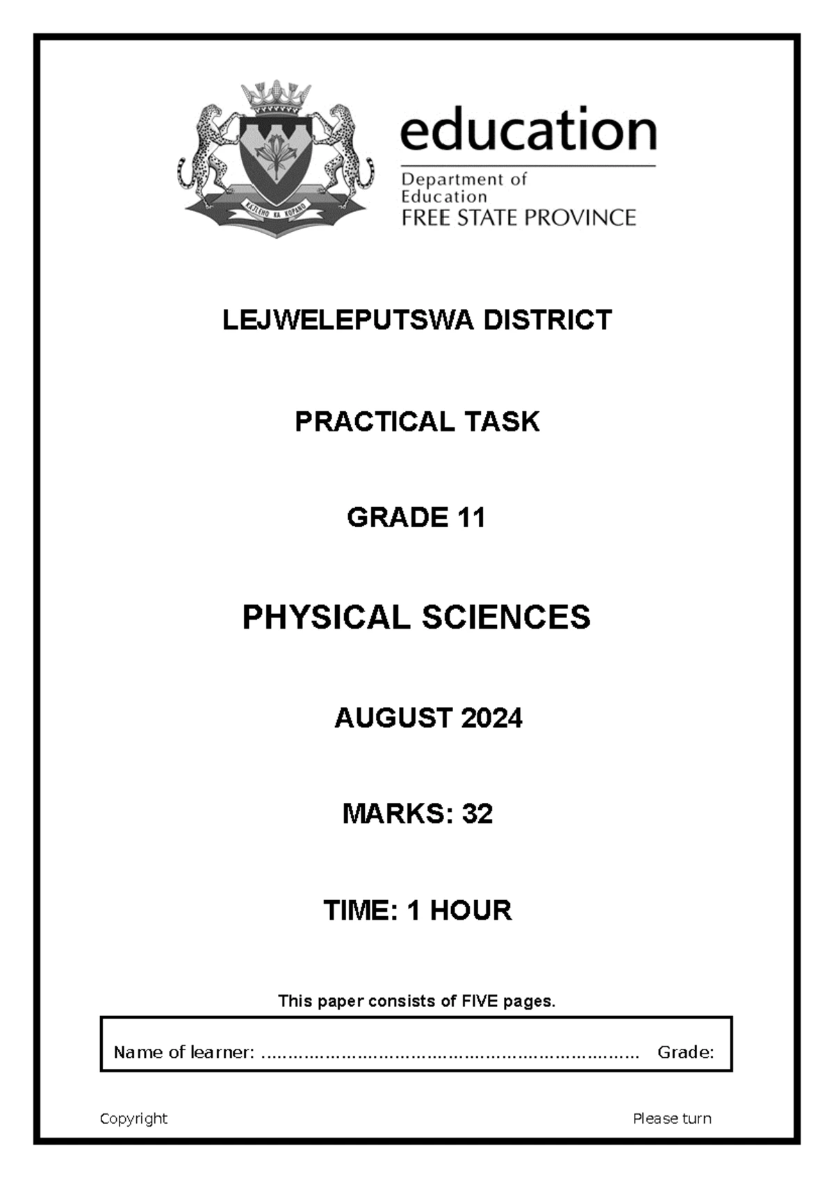 Grade 12 NW Physical Sciences SEP 2023 Paper 1 & Memo Notes - Studocu