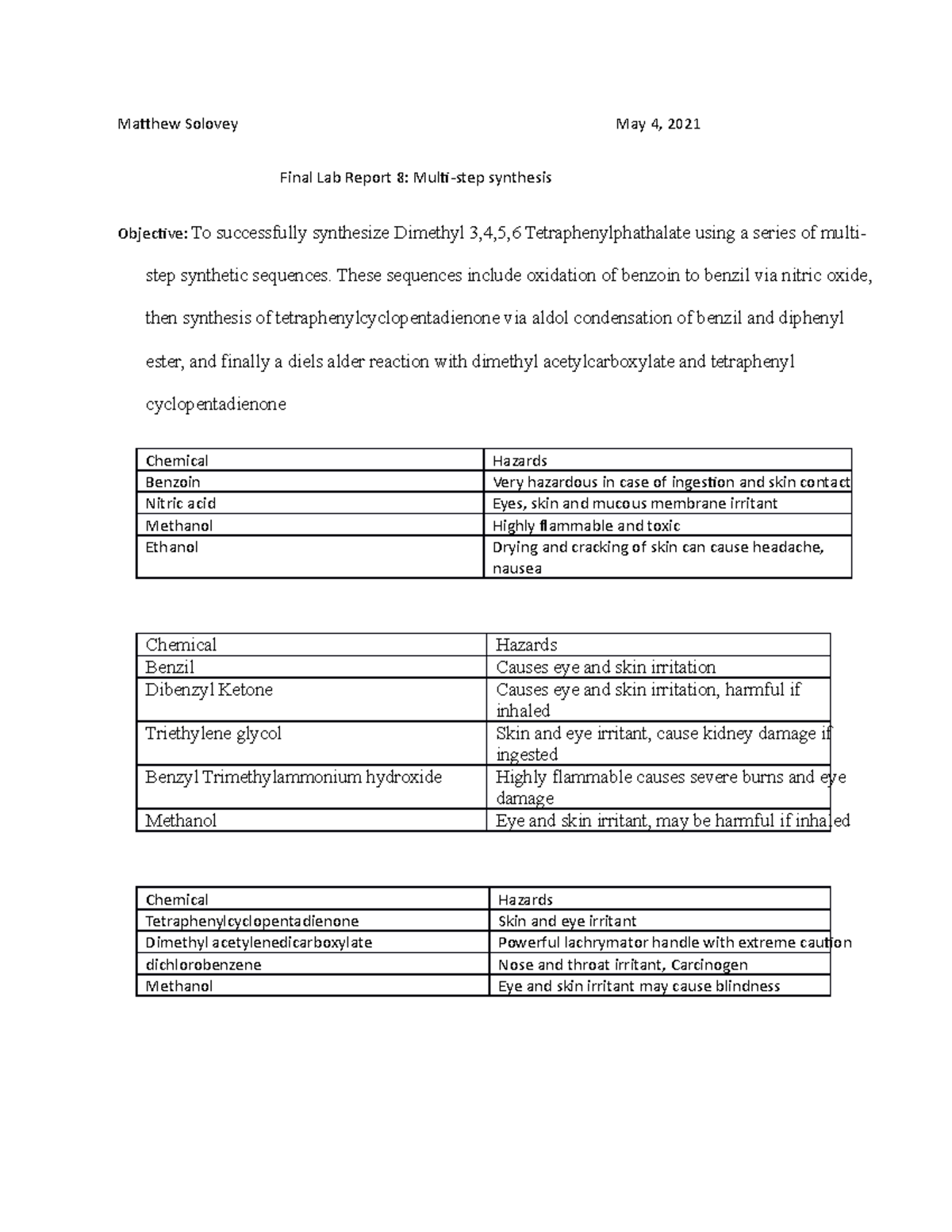 Final Lab Report 8: Multi-Step Synthesis of Dimethyl ...