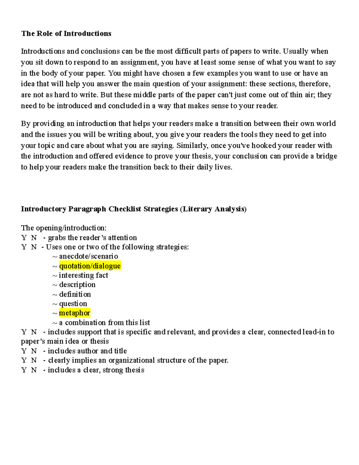 Intro & Conclusion Paragraphs Strategies for Literary Analysis - Studocu