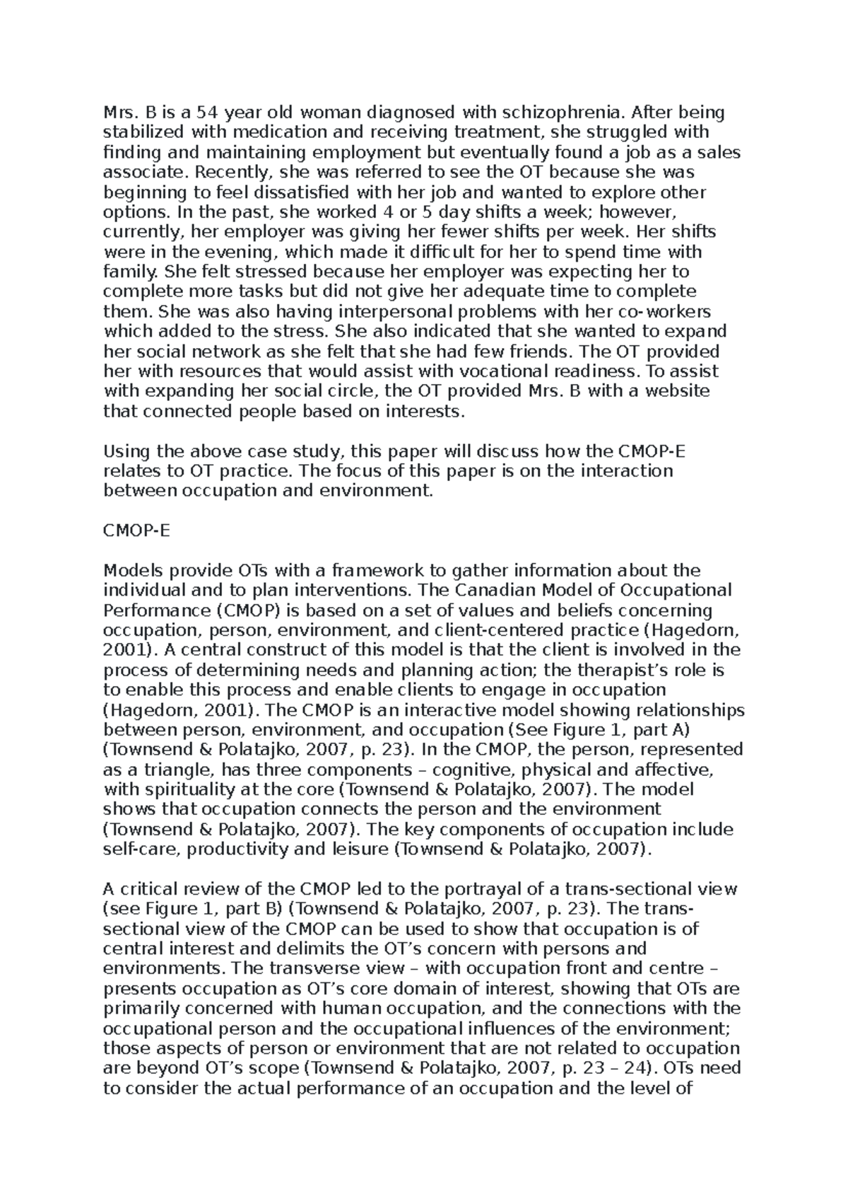 Cmop-e essay - Mrs. B is a 54 year old woman diagnosed with ...