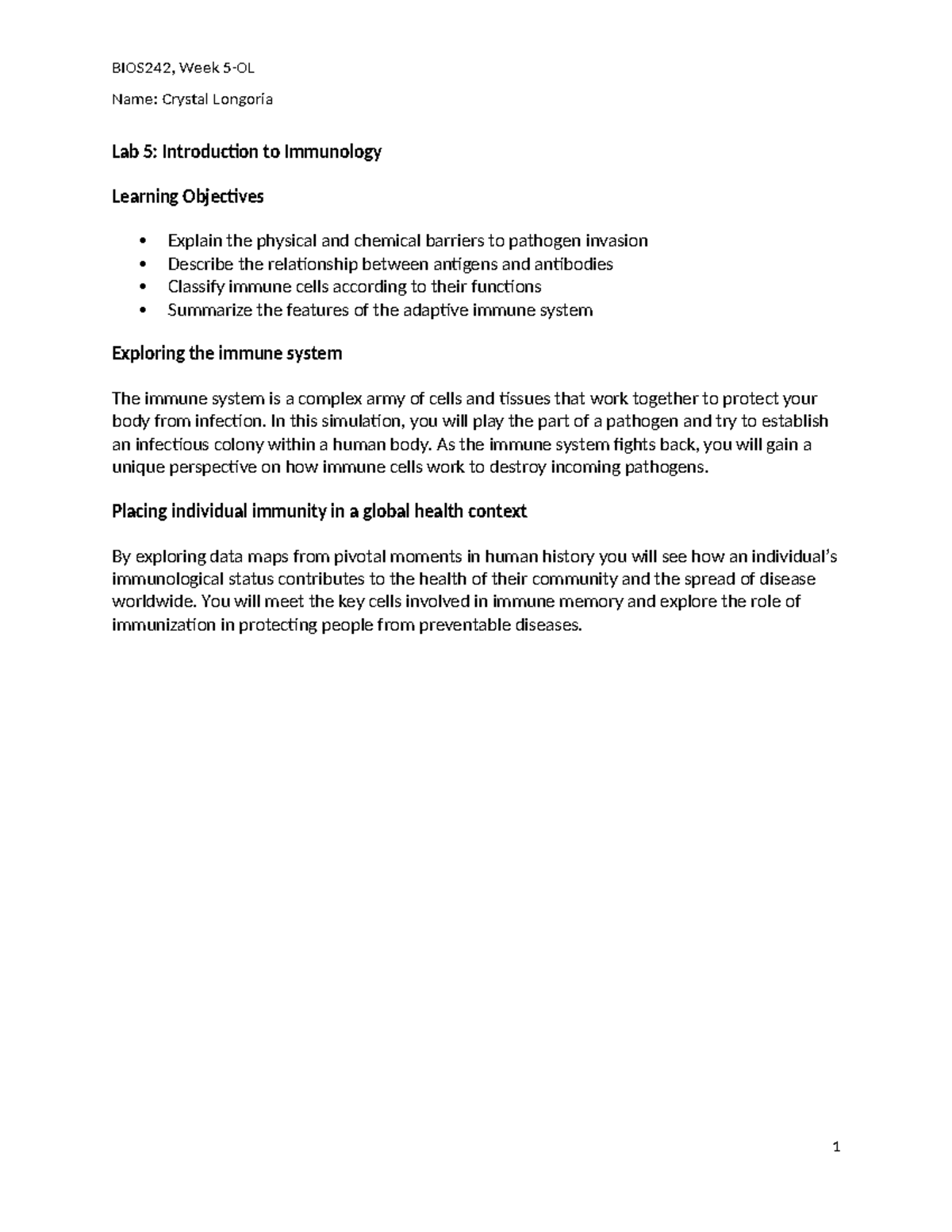 BIOS242 WK5 OL Lab Report: Introduction to Immunology and Simulation - Studocu