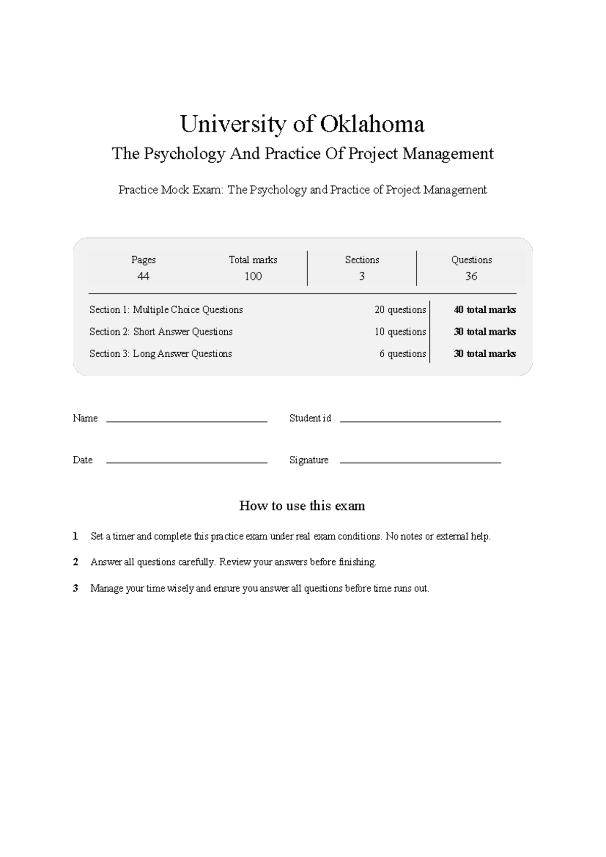 ODYN 5323 Mock Exam: The Psychology and Practice of Project Management ...