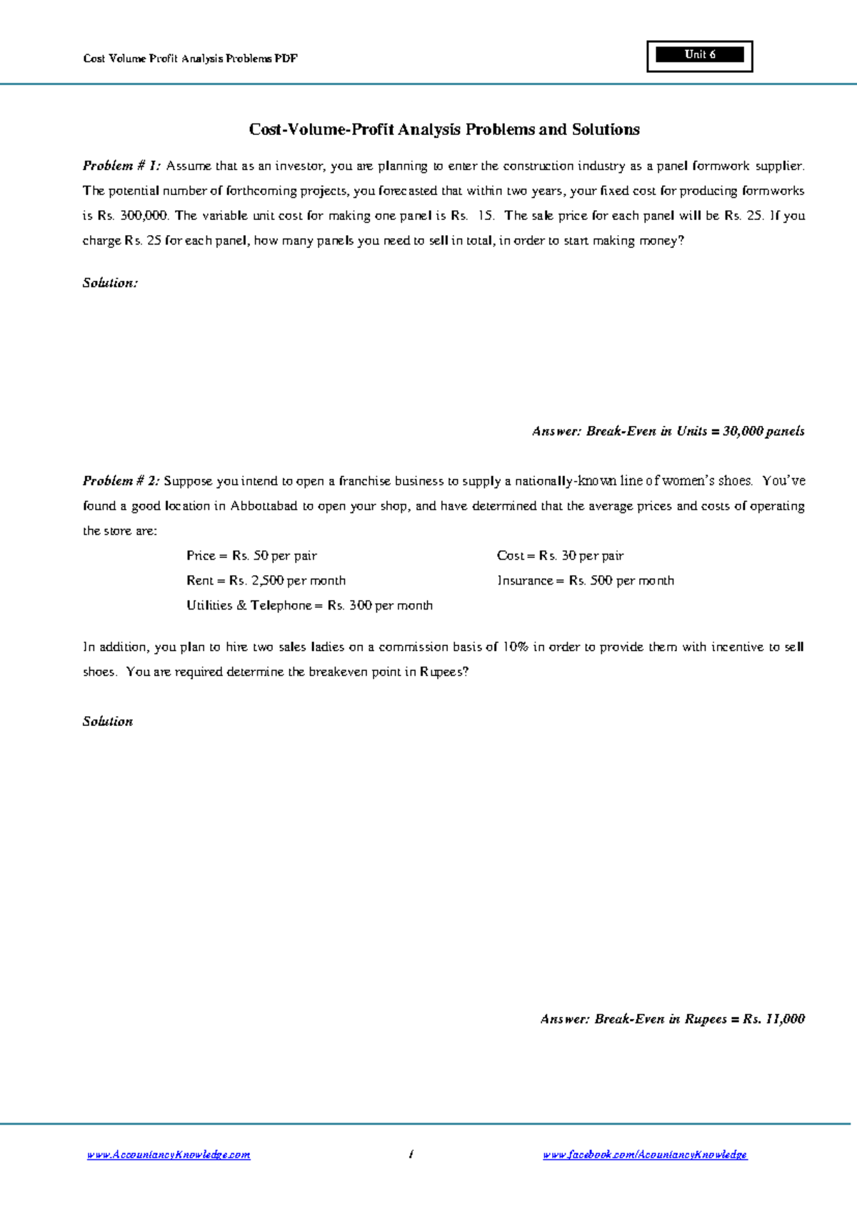 Cost-Volume-Profit Analysis Problems & Solutions (Unit 6) PDF - Studocu