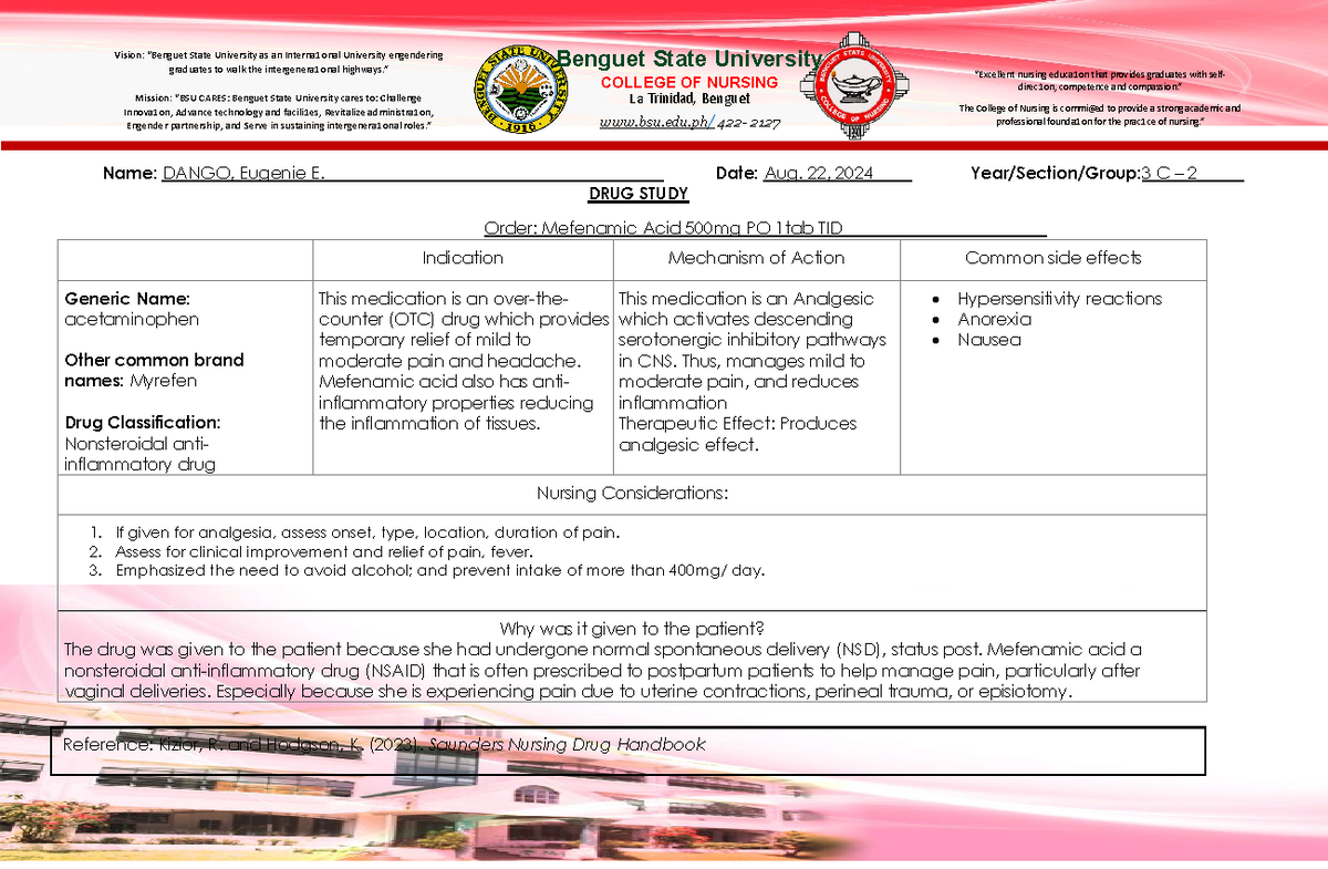 Drug Study Notes for OB Nursing - Course Code: NURS 301 - Studocu