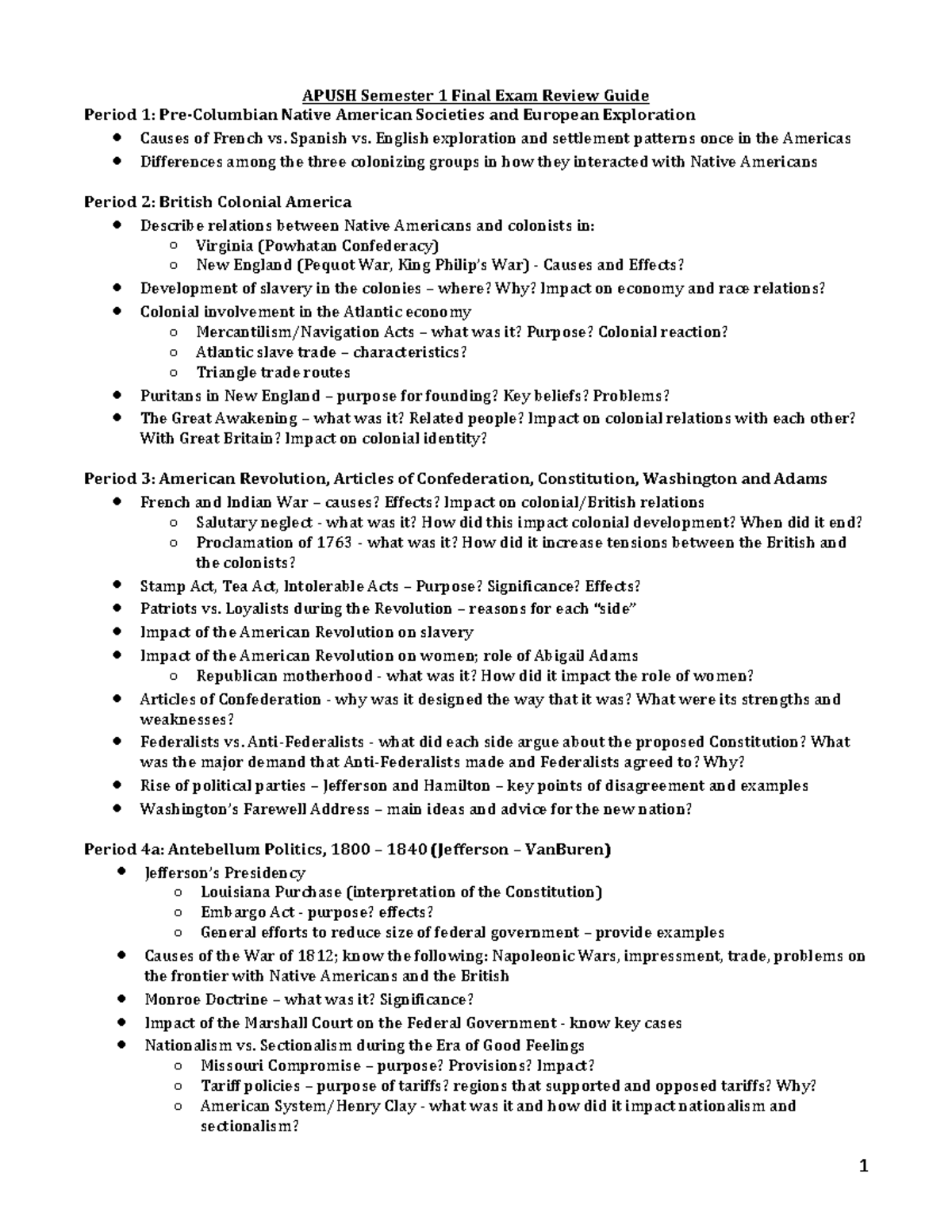 APUSH Semester 1 Final Exam Review: Key Periods & Concepts (1500-1865 ...