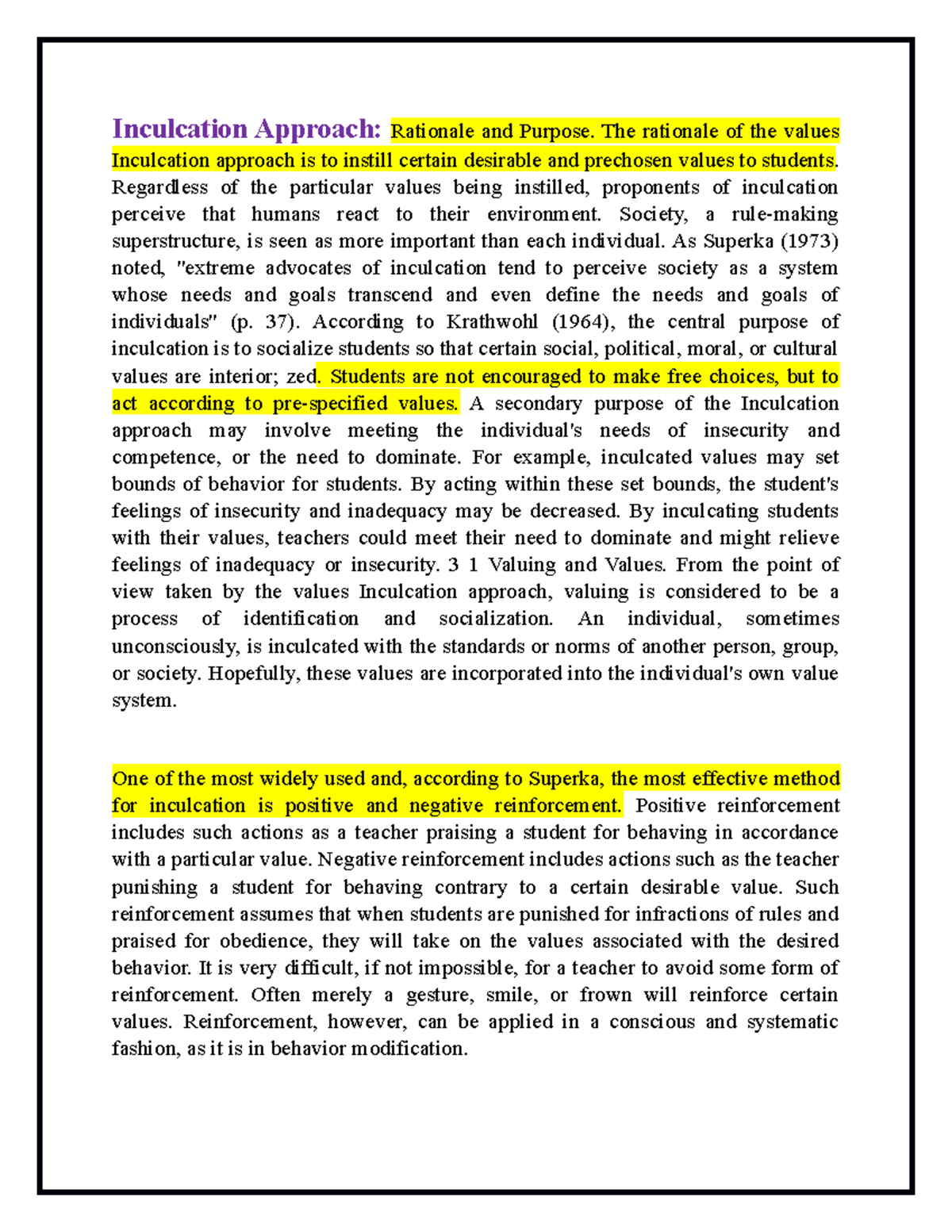 Inculcation Approach - Key Notes and Concepts Analysis - Studocu