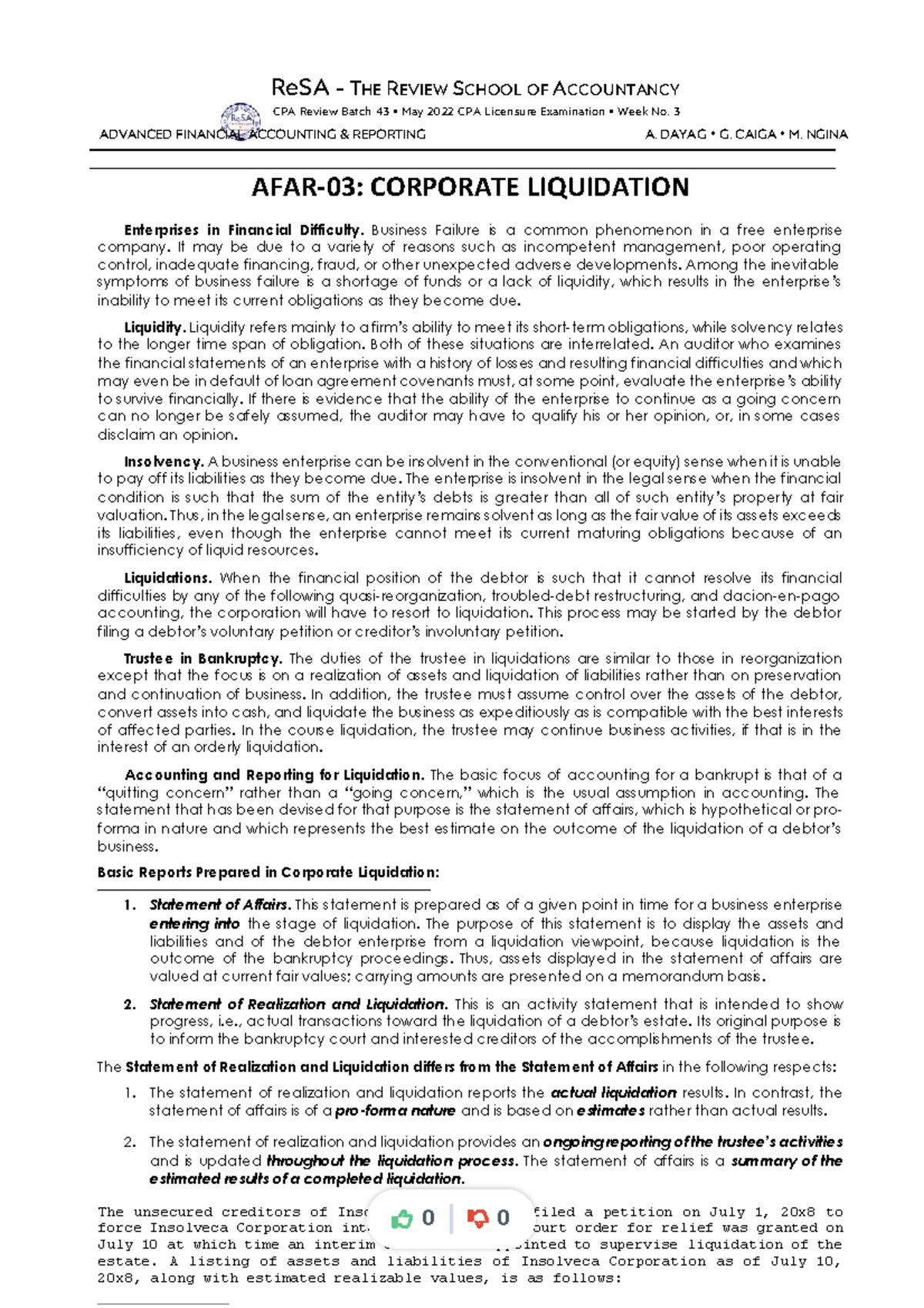 ReSA CPA Review Batch 43: Week 3 - Corporate Liquidation Insights - Studocu