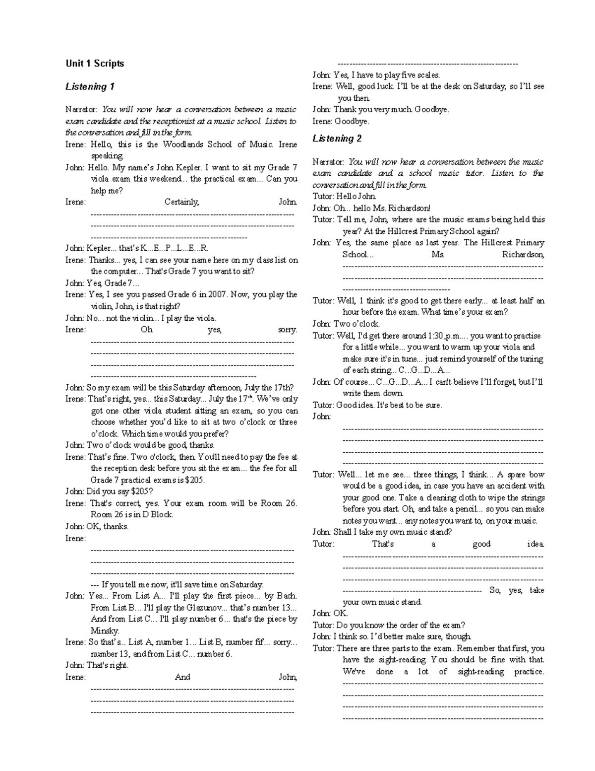 Unit 1 - Listening Scripts for Music Exam Candidates - Studocu