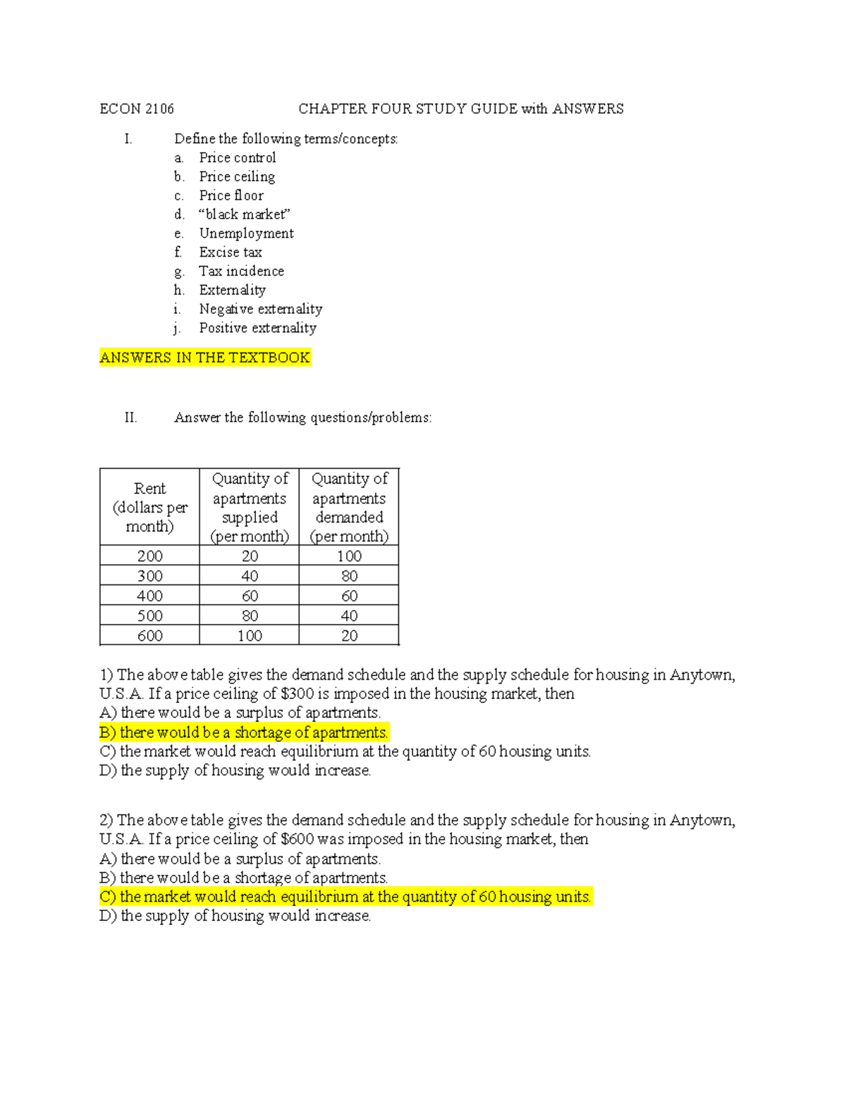 ECON 2106 CHAPTER FOUR STUDY GUIDE: Rent Control & Labor Market ...