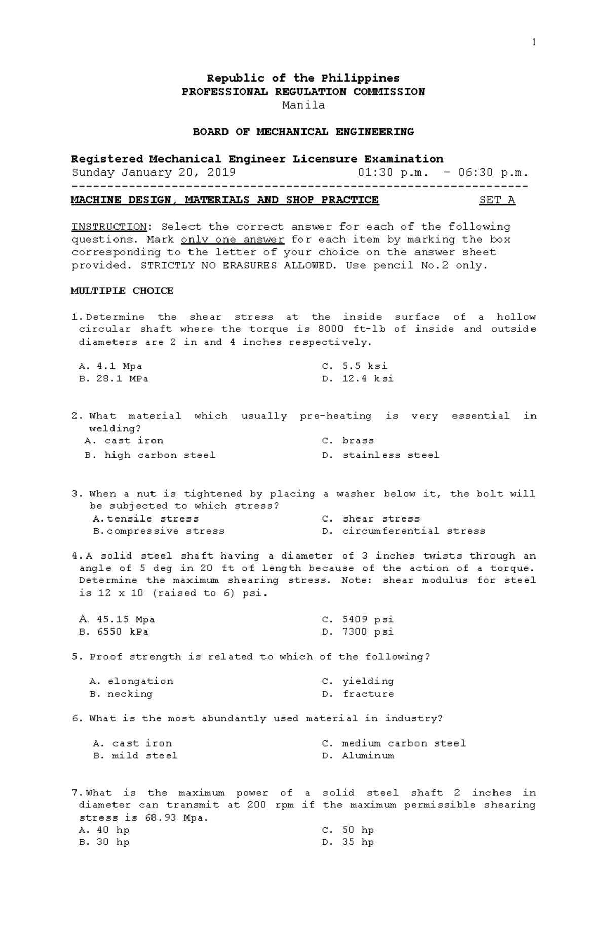 Machine Design and Shop Practice RME Licensure Exam Q&A Set - Studocu