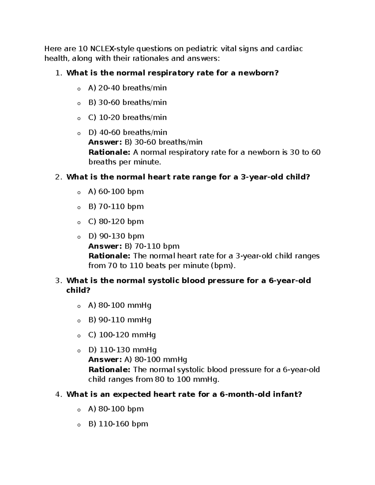 Pediatric vital signs and cardiac health questions and answers (NUR 101 ...