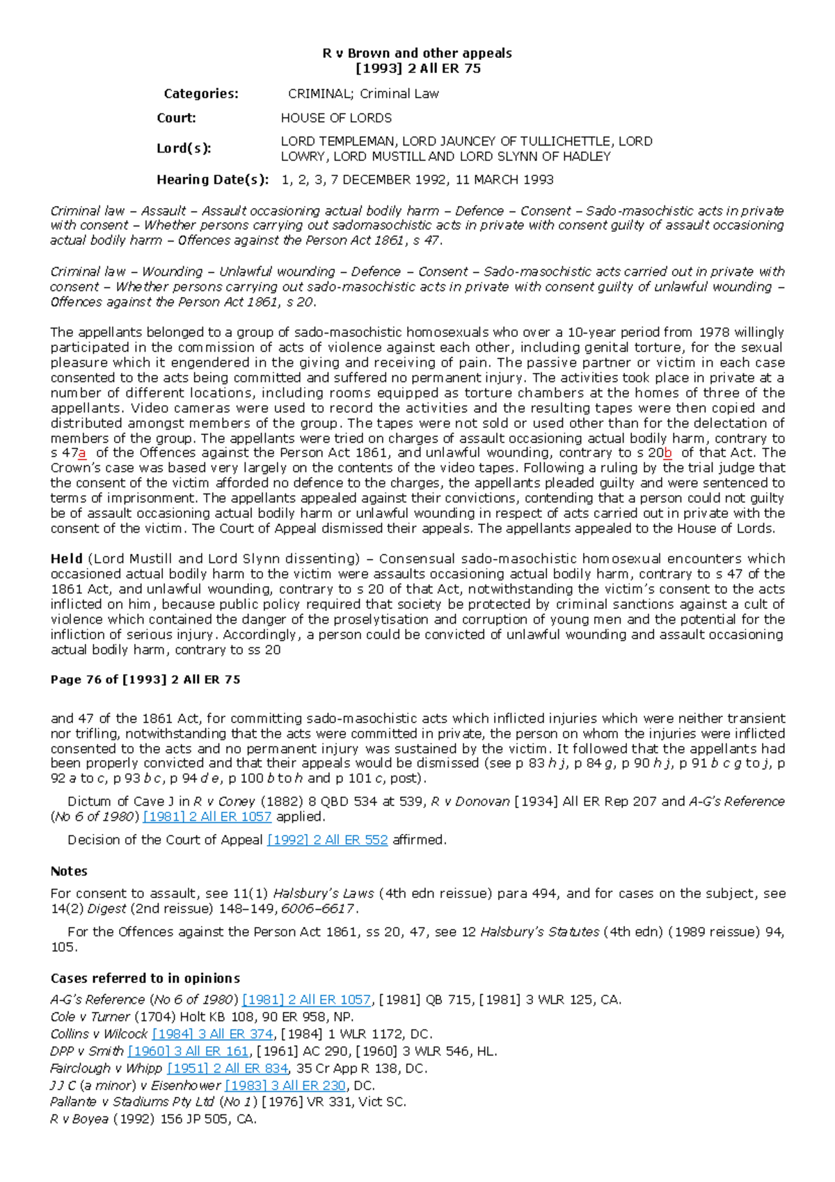 R v Brown - Significant Case Law Analysis in Criminal Law - Studocu