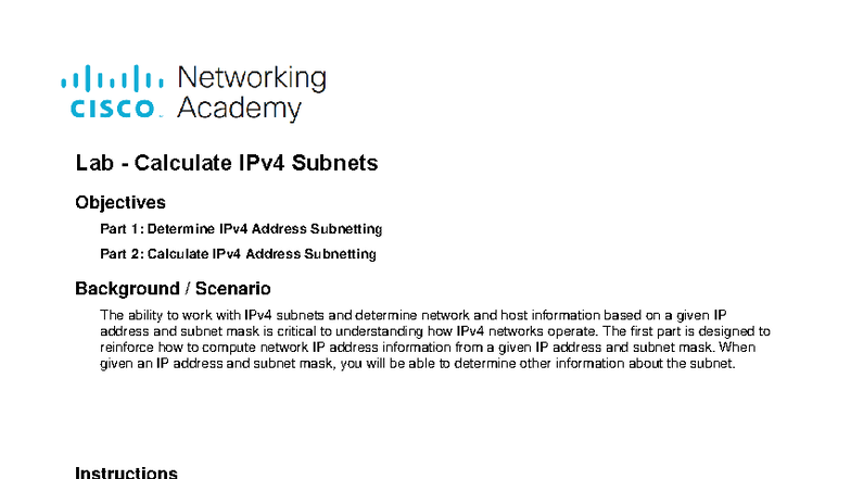 Lab: Calculate IPv4 Subnets - Objectives & Problems (CS101) - Studocu